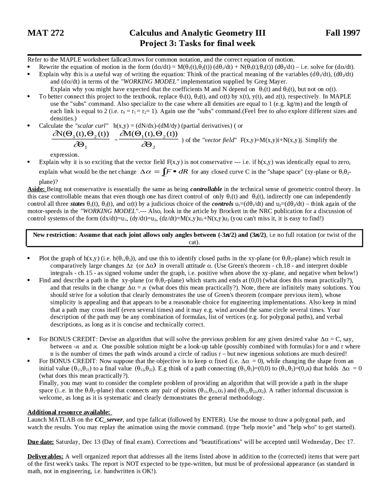 Calculate With Analytic Geometry Iii Project 3 Mat 272 Docsity