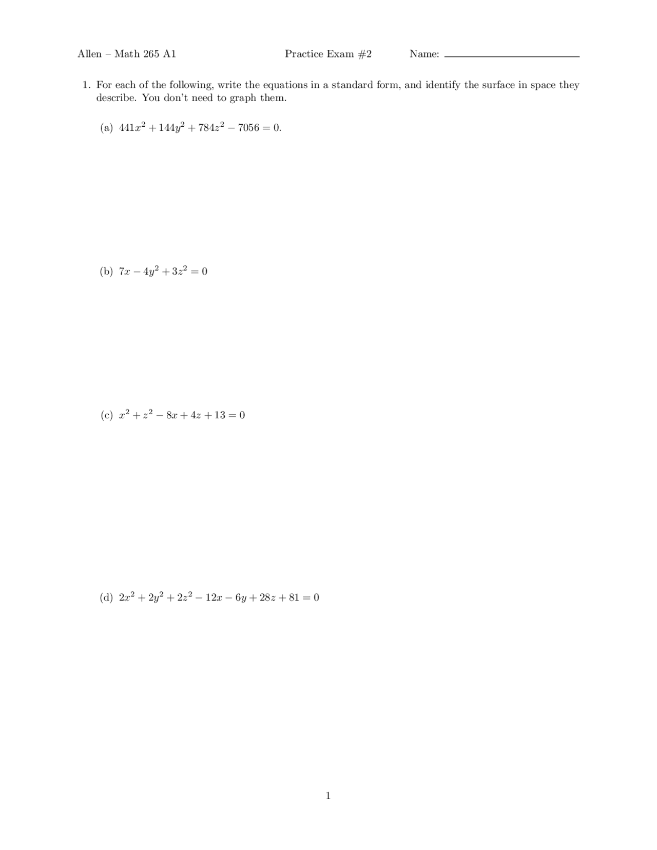 Math 265 Practice Exam 2: Quadratic Equations, Level Curves, Limits, and Derivatives | Exams ...