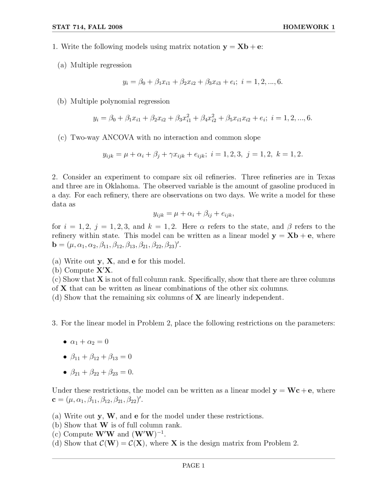 4 Questions On Linear Statistics Models Assignment 1 Stat 714 Docsity