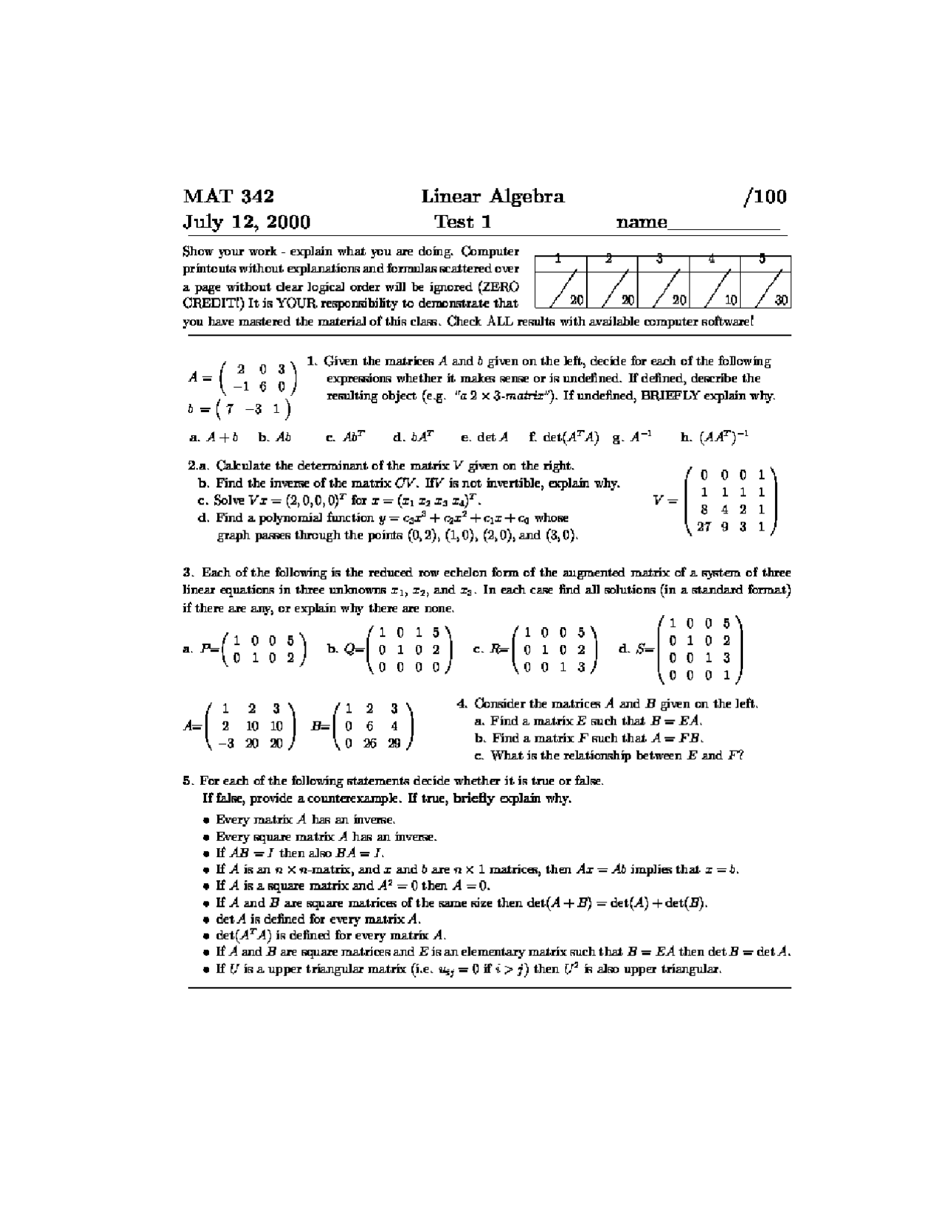 5 Questions Exam 1 Linear Algebra Mat 342 Docsity