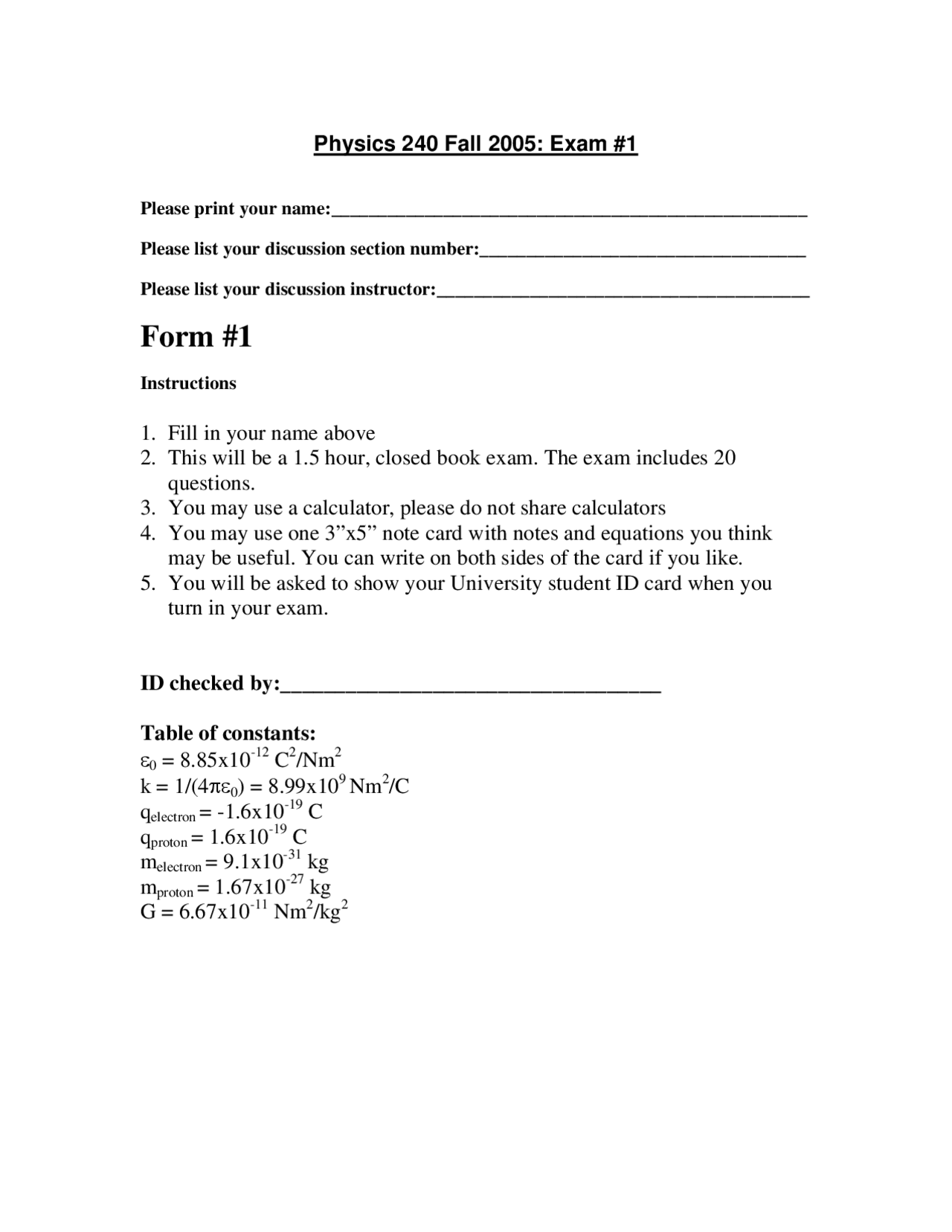Exam 1 Problems General Physics Ii Fall 2005 Physics 240 Docsity