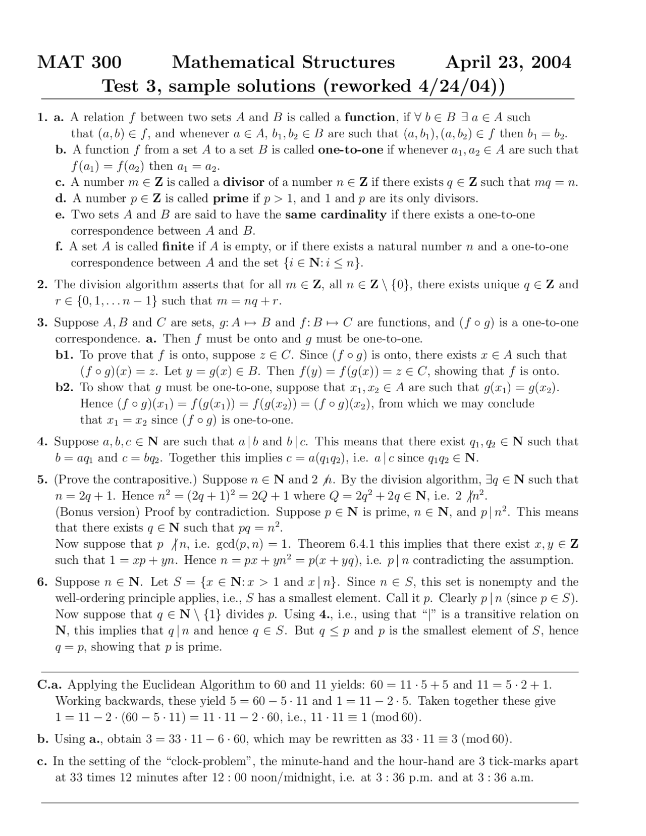 Test 3 Sample Solutions Mathematical Structures Mat 300 Docsity