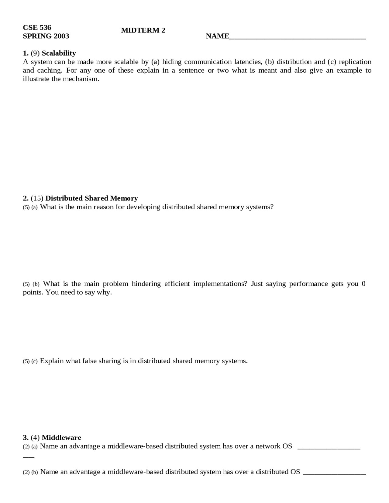 CSE 536 Spring 2003 Midterm 2: Computer Systems Engineering Questions | Exams Operating Systems ...