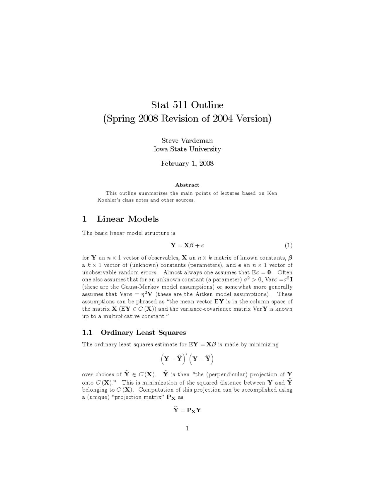 Linear Models Outline - Probability Theory | STAT 542 - Docsity