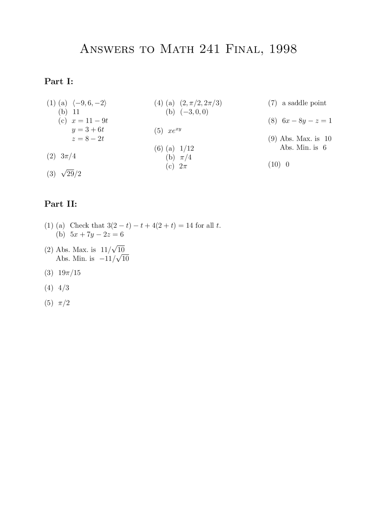 Vector Calculus - 10 Question Final Exam | MATH 241 - Docsity