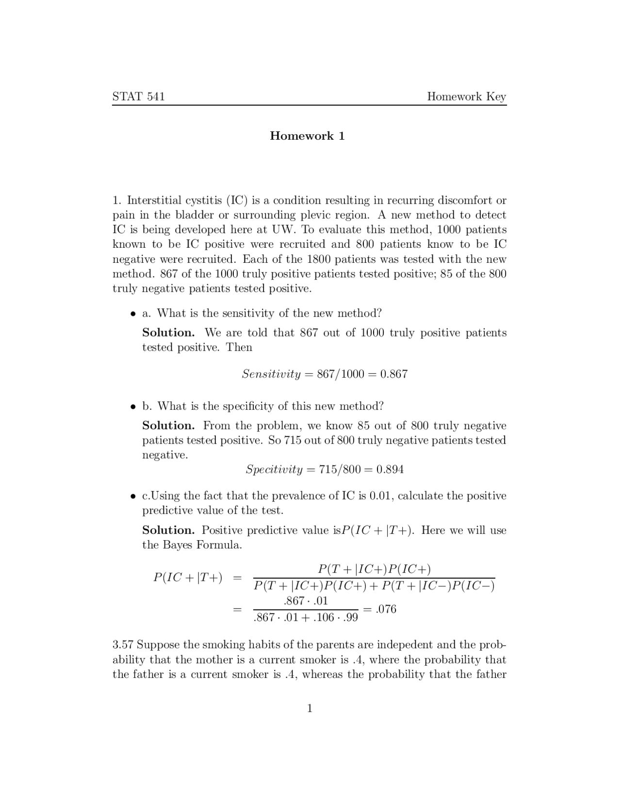 Homework 1 With Answer Key For Introduction To Biostatistics Stat 541