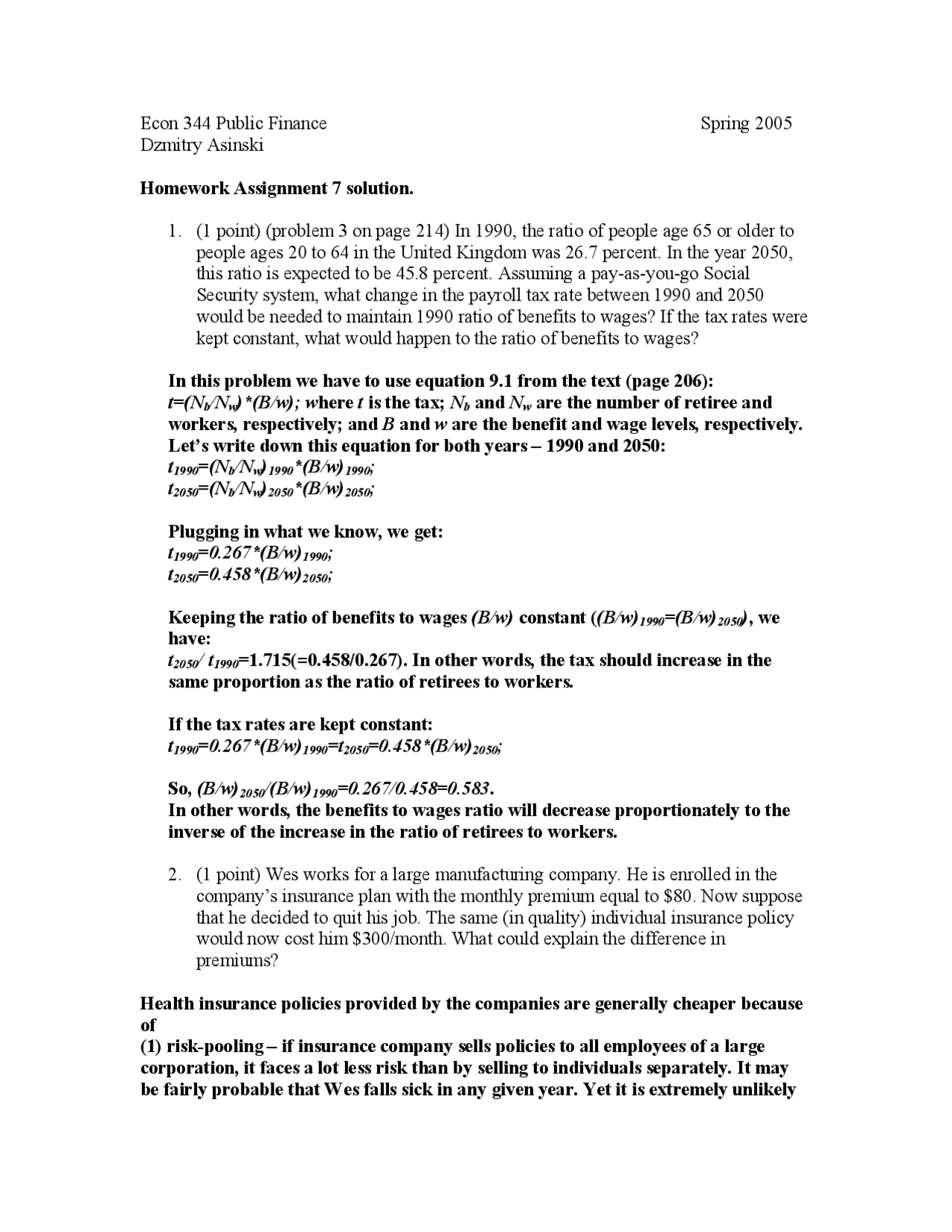 Assignment 7 Solutions Public Finance Econ 344 Docsity