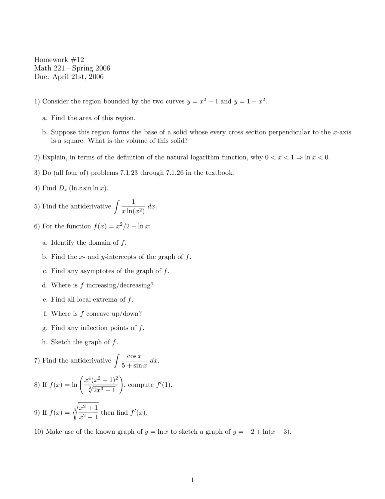 Homework 12 Questions Unsolved Calculus And Analytic Geometry Math 221 Docsity