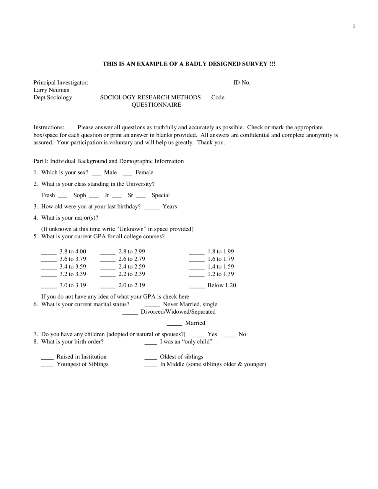 Example Of Badly Designed Survey Methods Of Sociological Inquiry