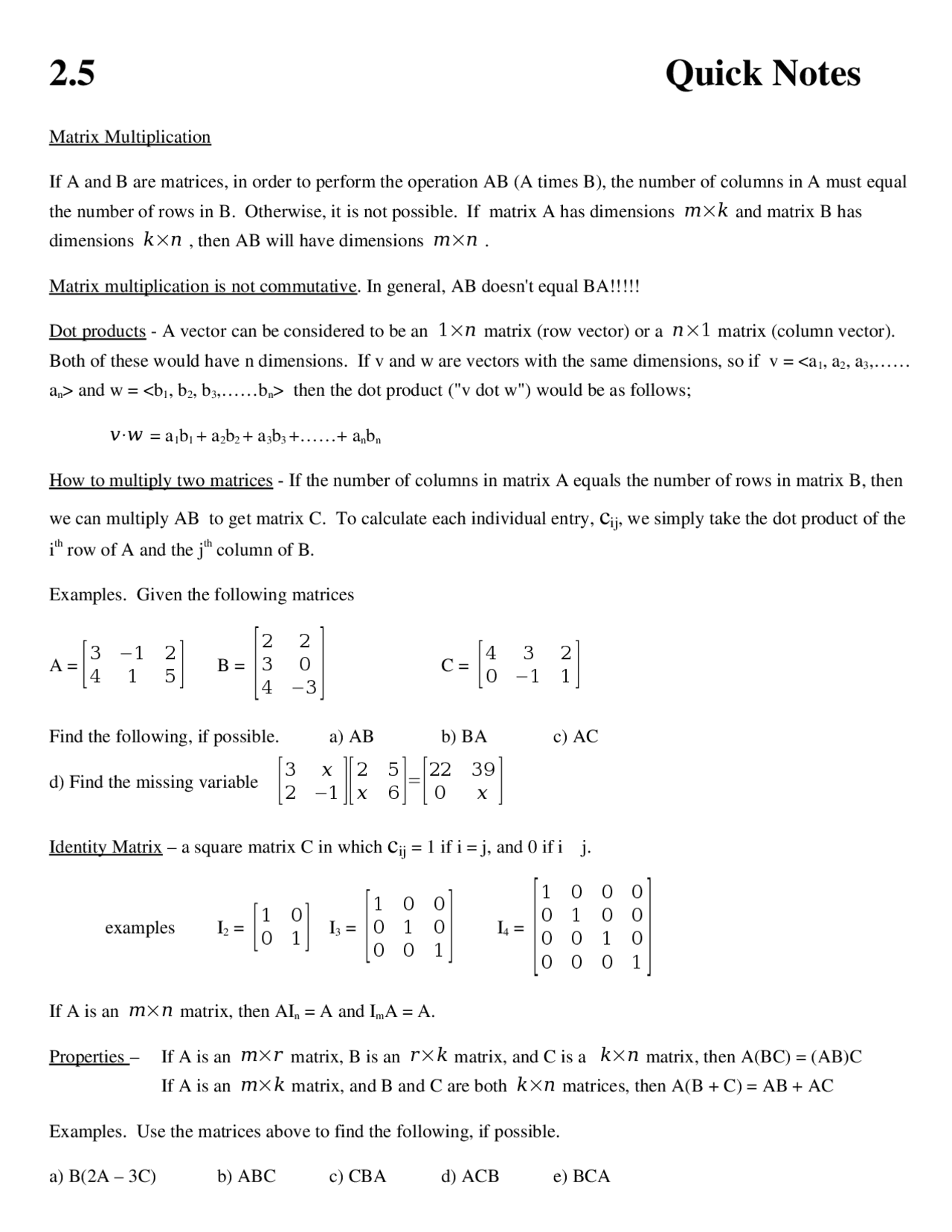 Notes on Matrix Multiplication, Identity Matrix - Finite Mathematics ...