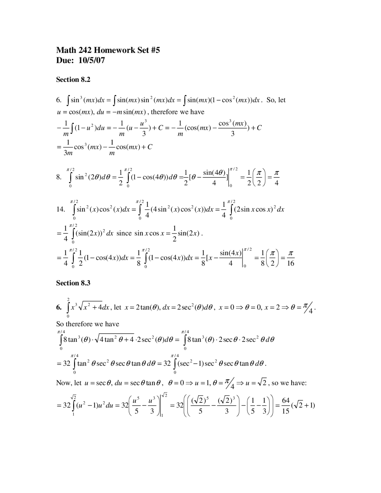 Math 242 Homework Set #5: Integration Solutions for Section 8.2 and 8.3 | Assignments Analytical ...