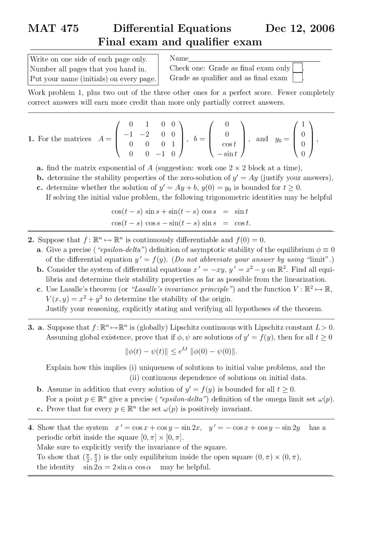 Final Exam Questions on Differential Equations | MAT 475 | Exams ...