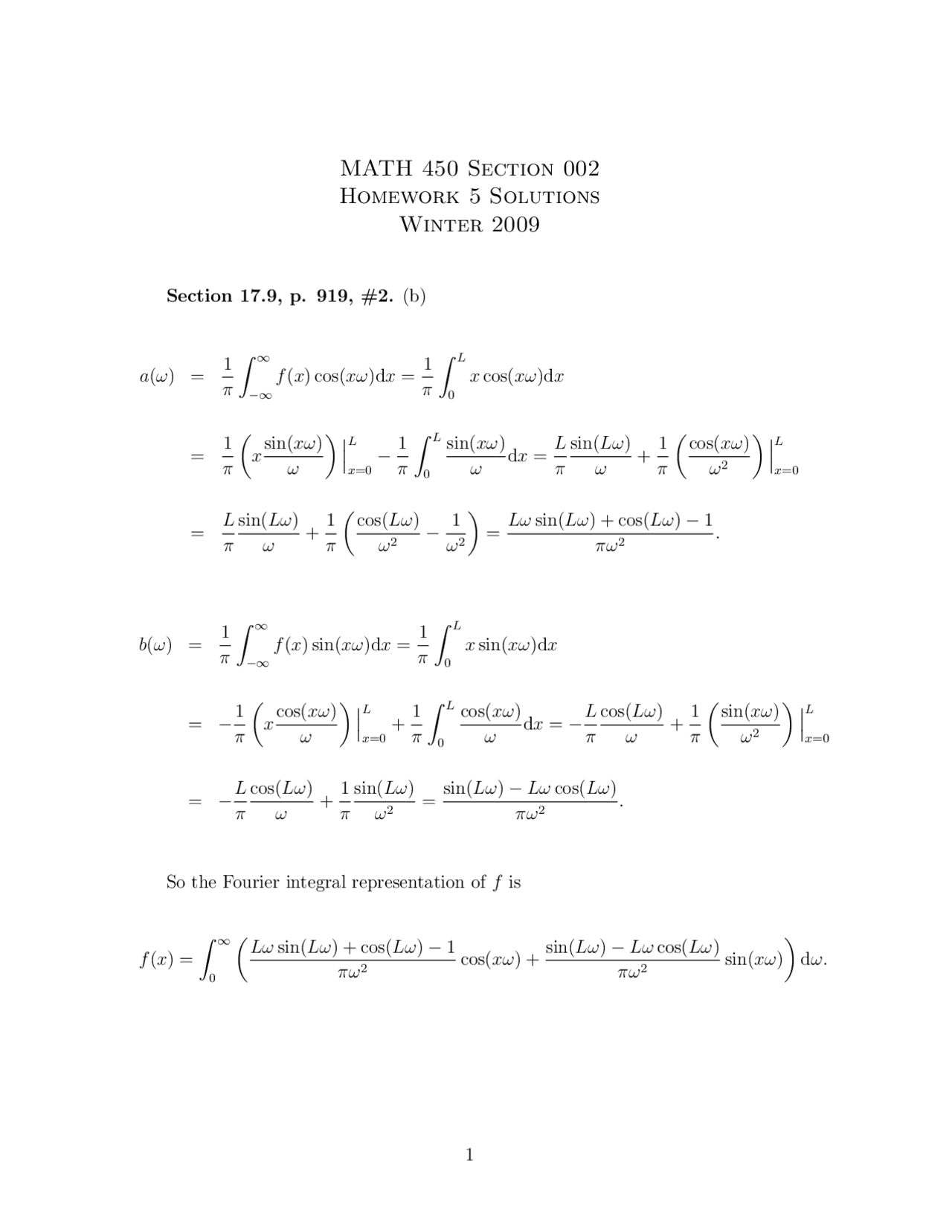 Problem Set 5 Solutions For Advanced Mathematical Engineering I Math