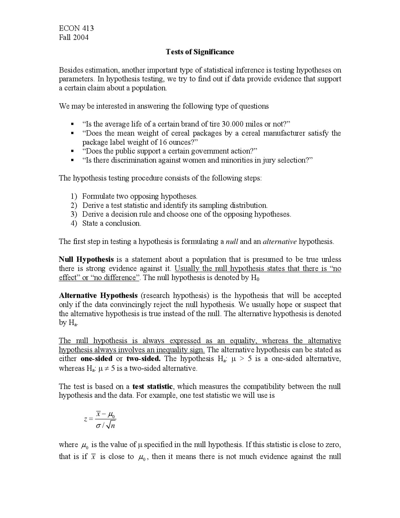 Tests Of Significance Lecture Notes Econ 413 Docsity