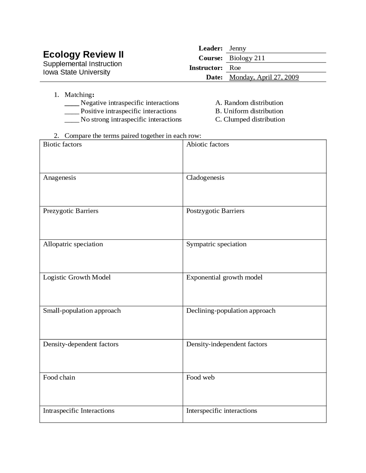 Ecology Review Sheet for Principles of Biology I | BIOL 211 - Docsity