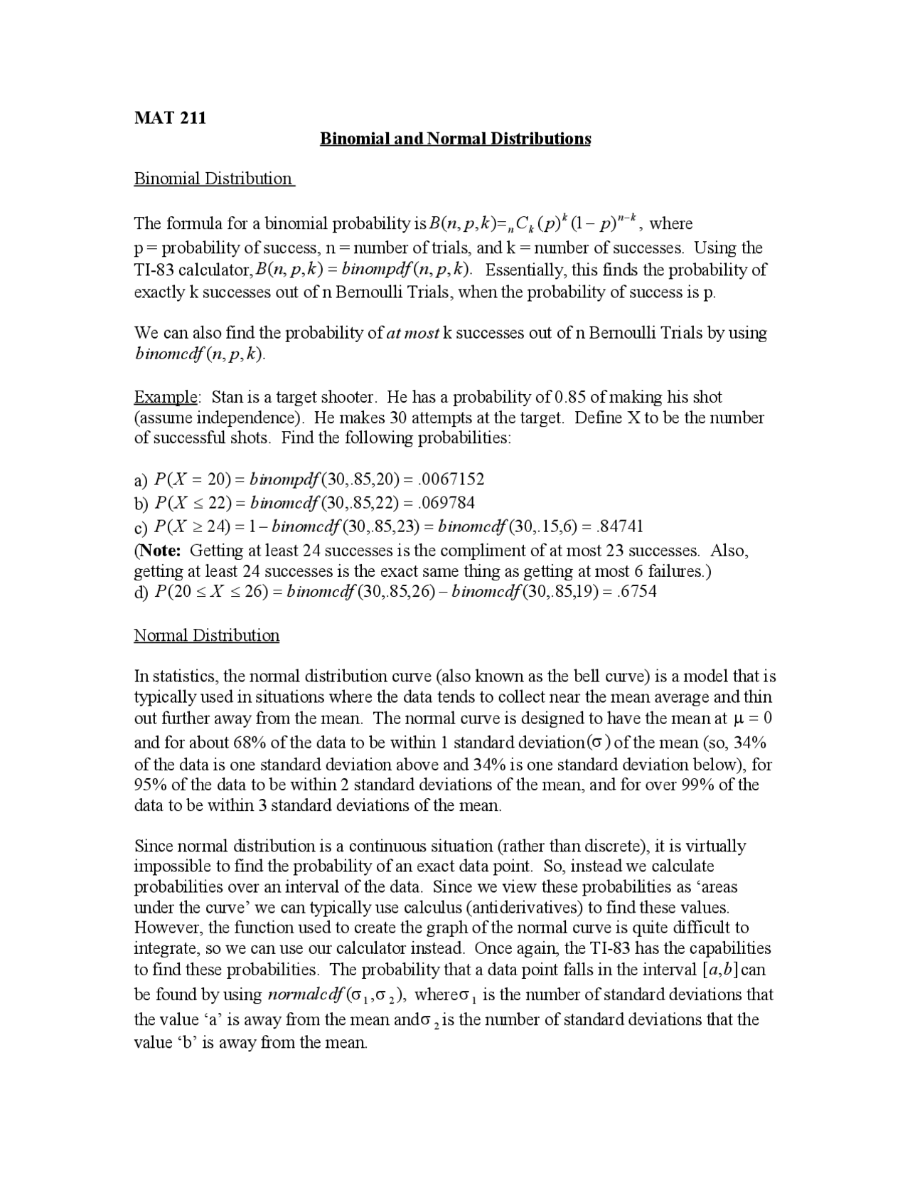 Binomial and Normal Distributions - Math for Business Analysis | MAT 211 - Docsity