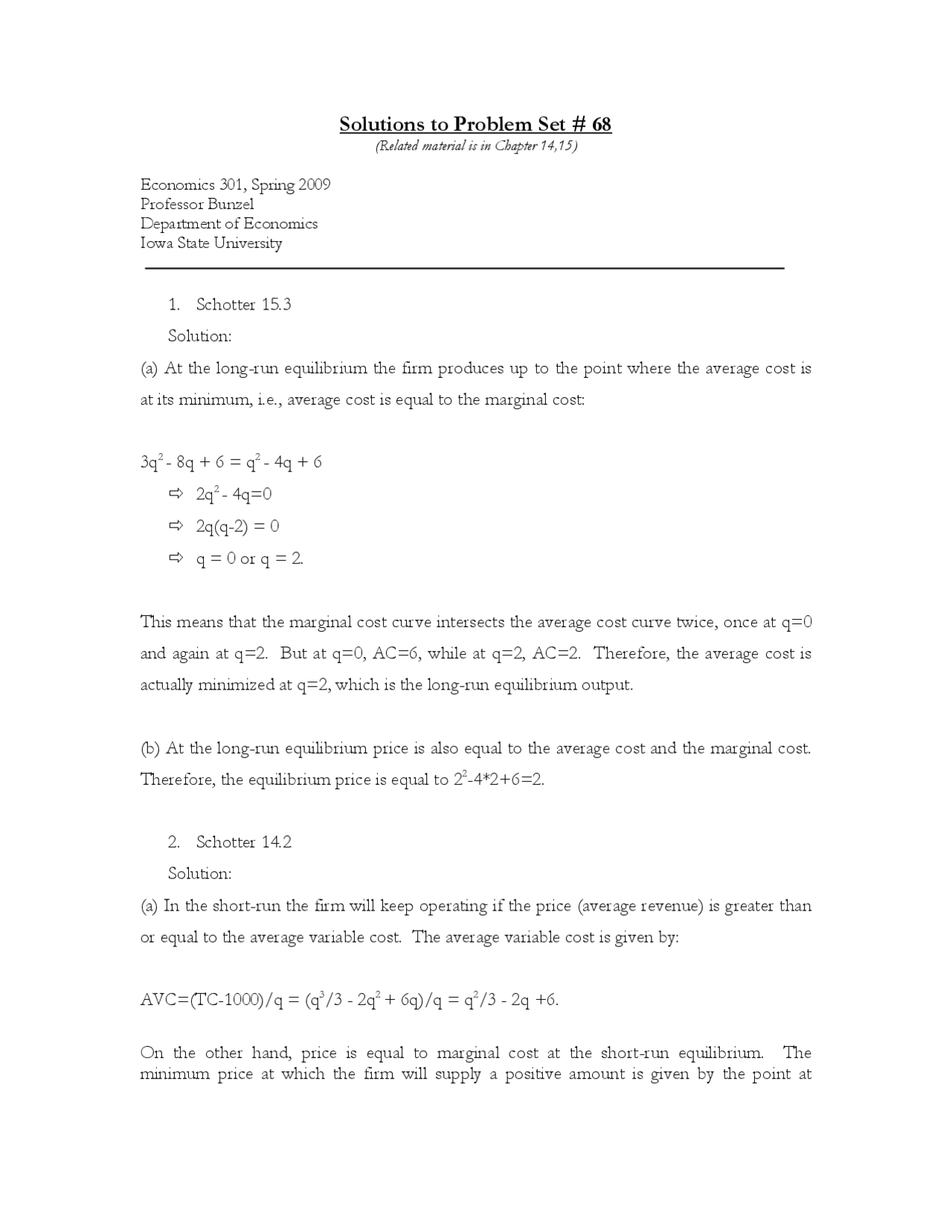 Solutions To Problem Set 68 Intermediate Microeconomics Econ 301