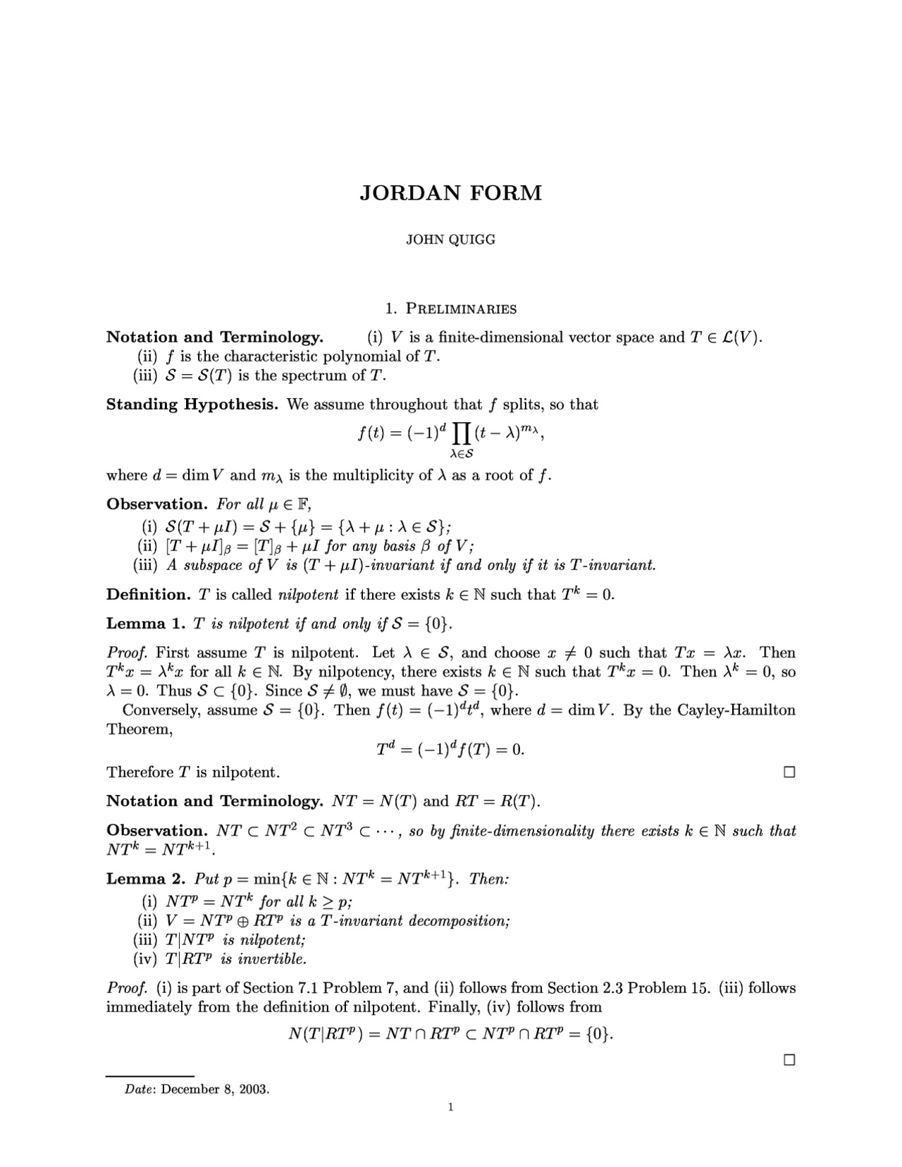 Preliminaries, Primary Decomposition - Jordan Form | MAT 442 - Docsity
