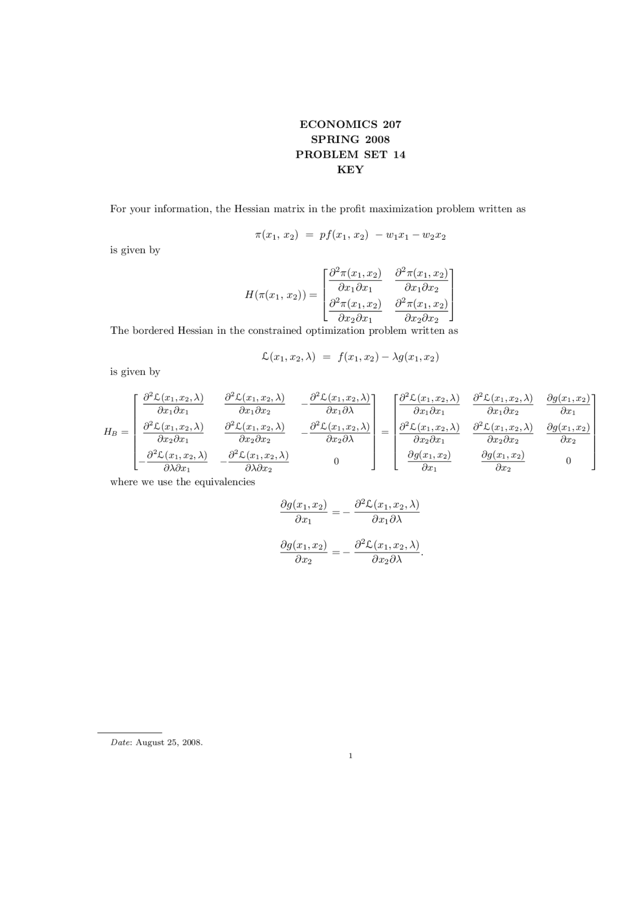 Solutions To Problem Set 14 Applied Economic Optimization Econ 207