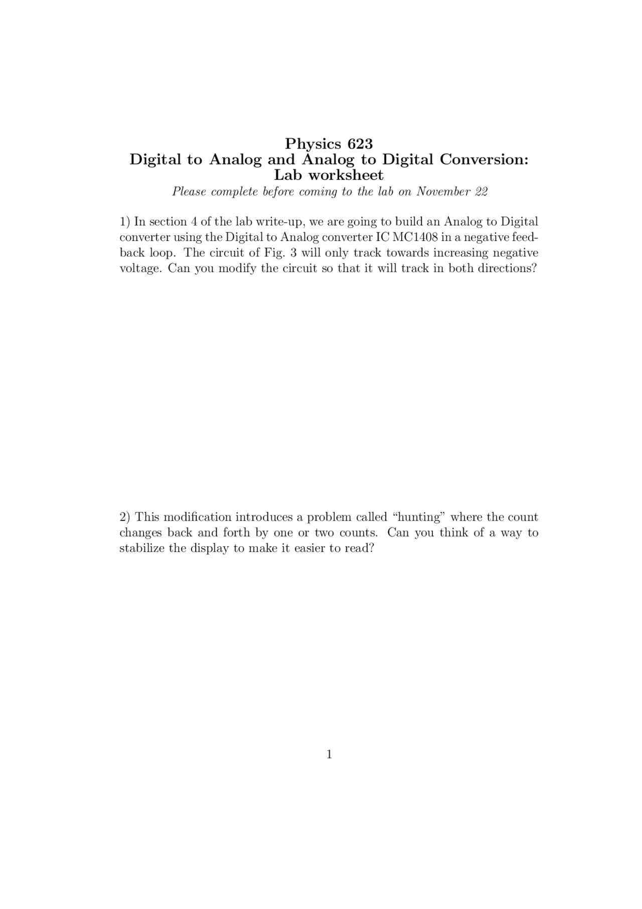 Lab Worksheet: Digital to Analog and Analog to Digital Conversion ...