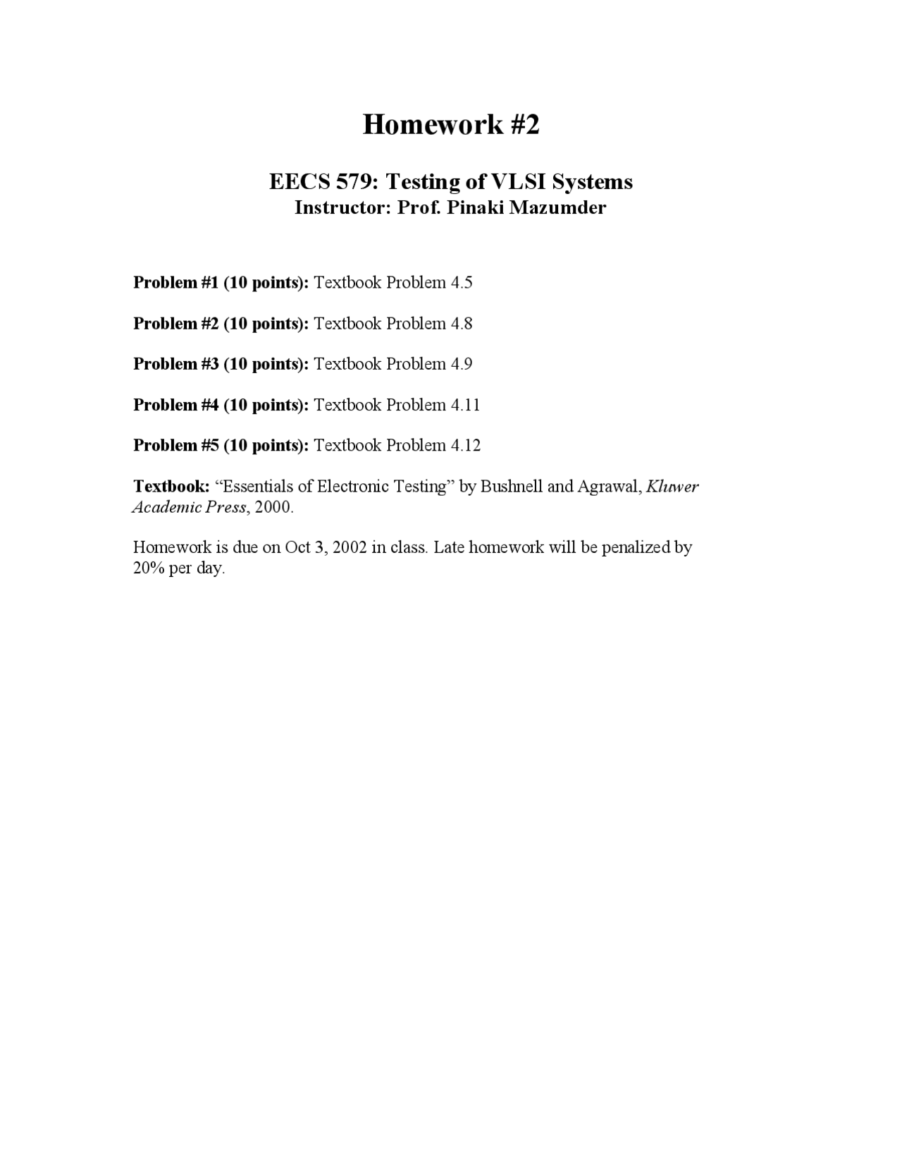 Homework Ii Testing Of Vlsi Systems Eecs 579 Docsity