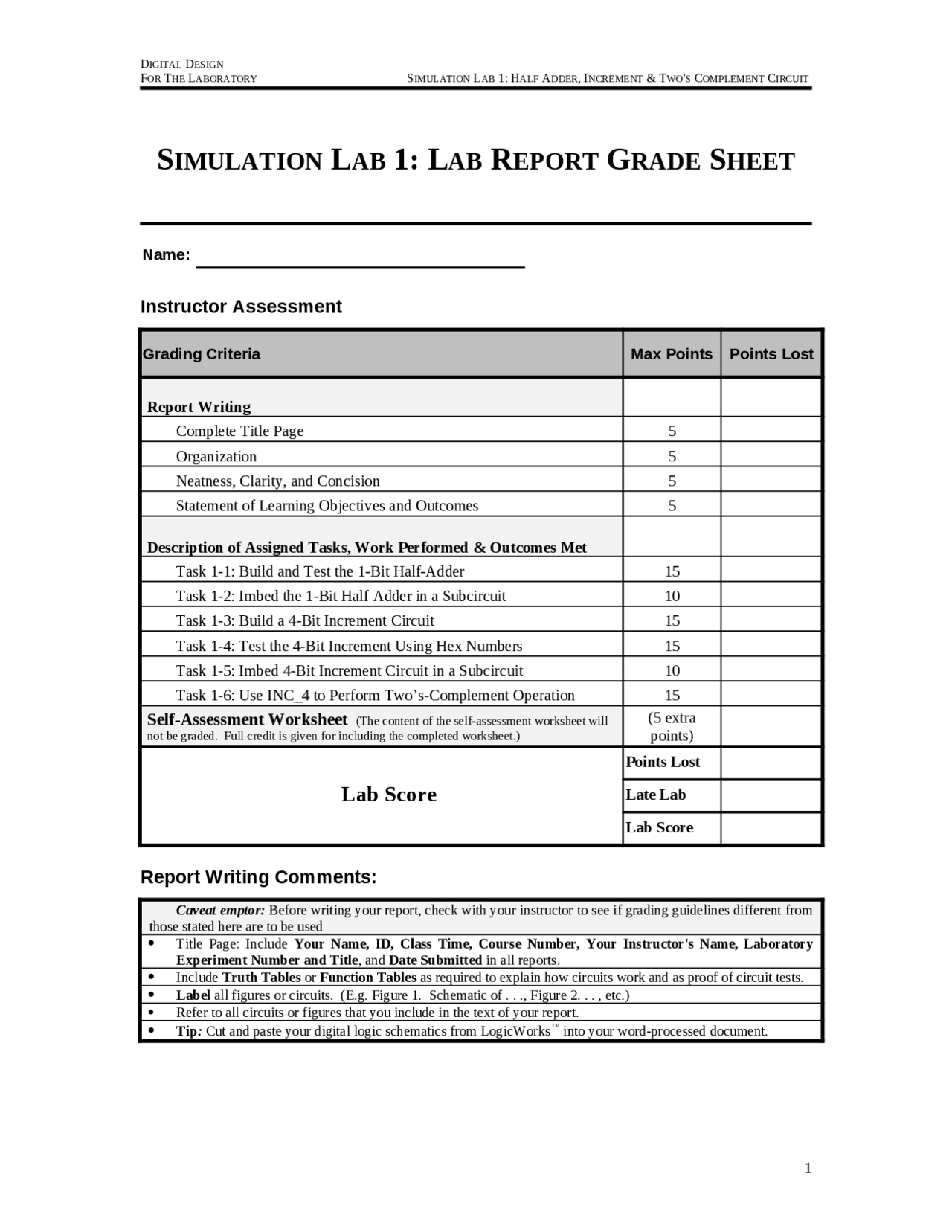 Simulation Lab 1: Lab Report Grade Sheet - Half Adder, Increment | CSE 120 - Docsity