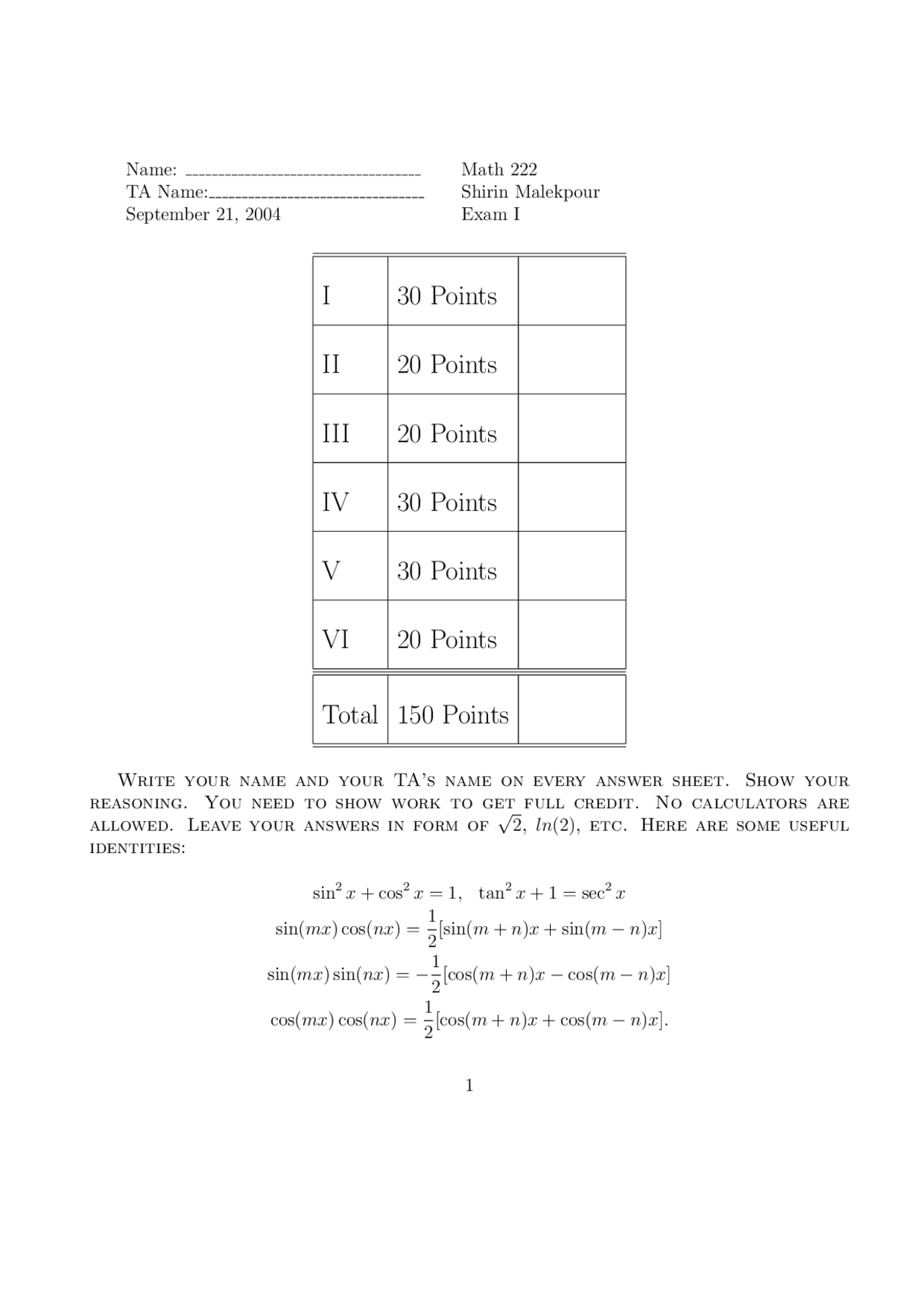 Practice Problems For Old Exam 1 Calculus And Analytic Geometry