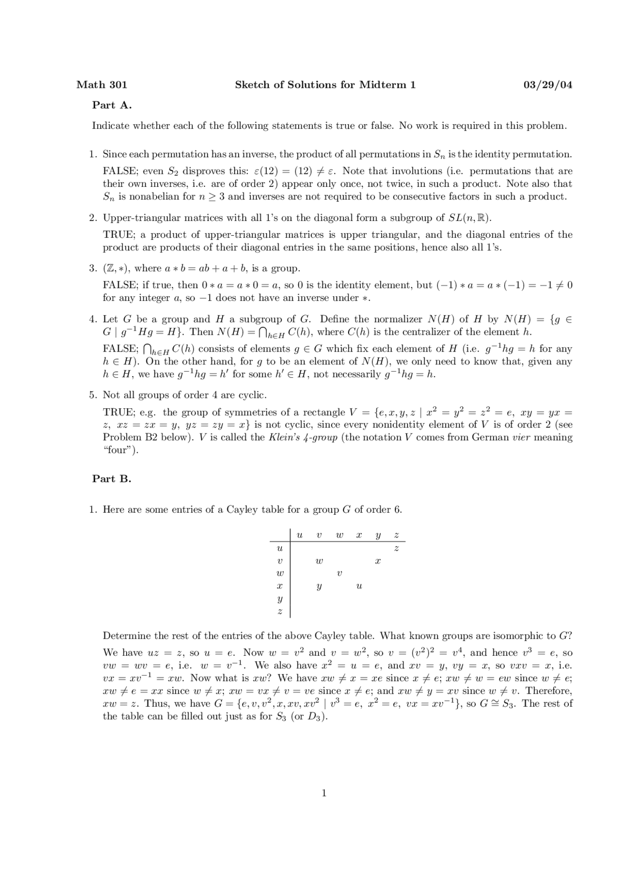 Solutions For Midterm 1 Abstract Algebra I Math 301 Docsity