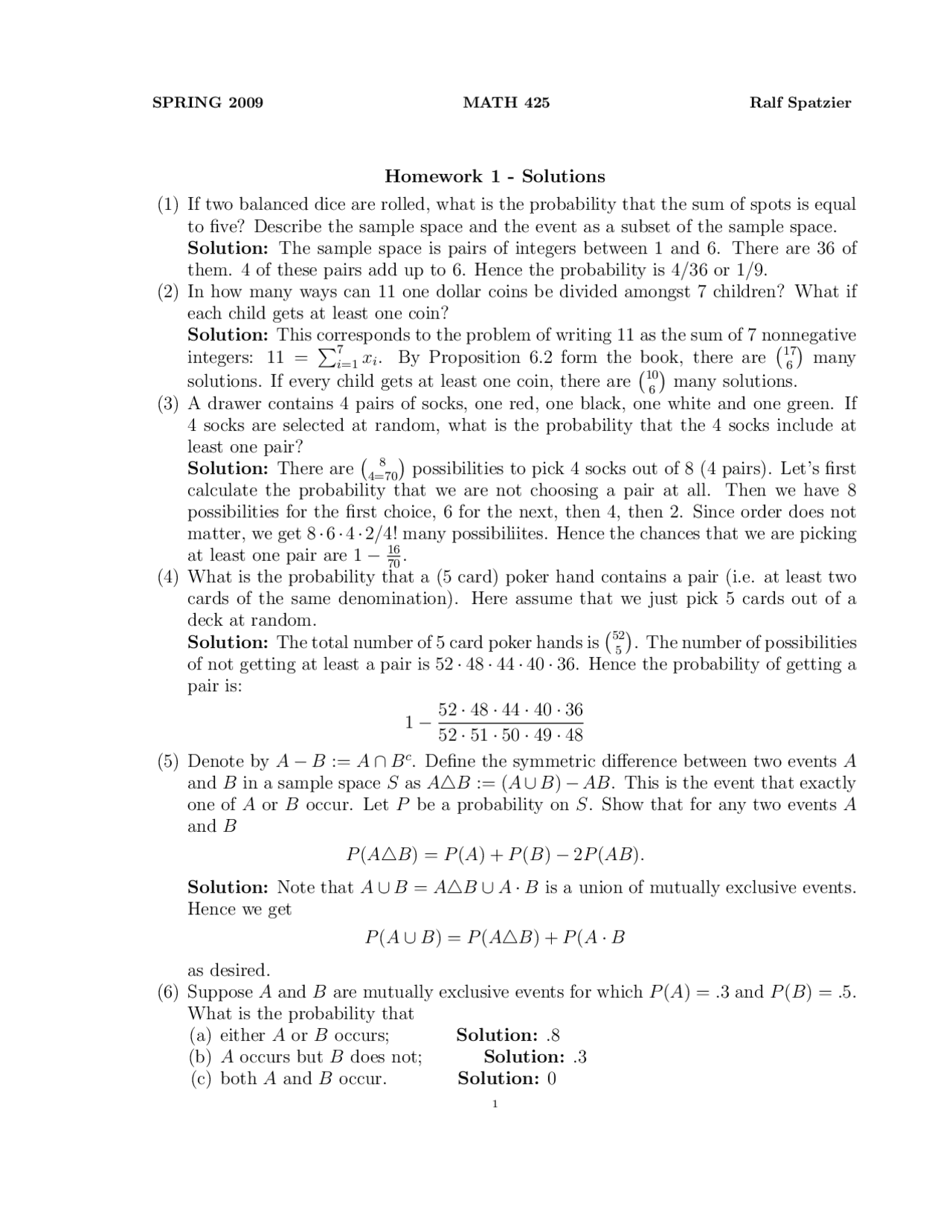 Assignment 1 Solutions - Introduction to Probability | MATH 425 - Docsity