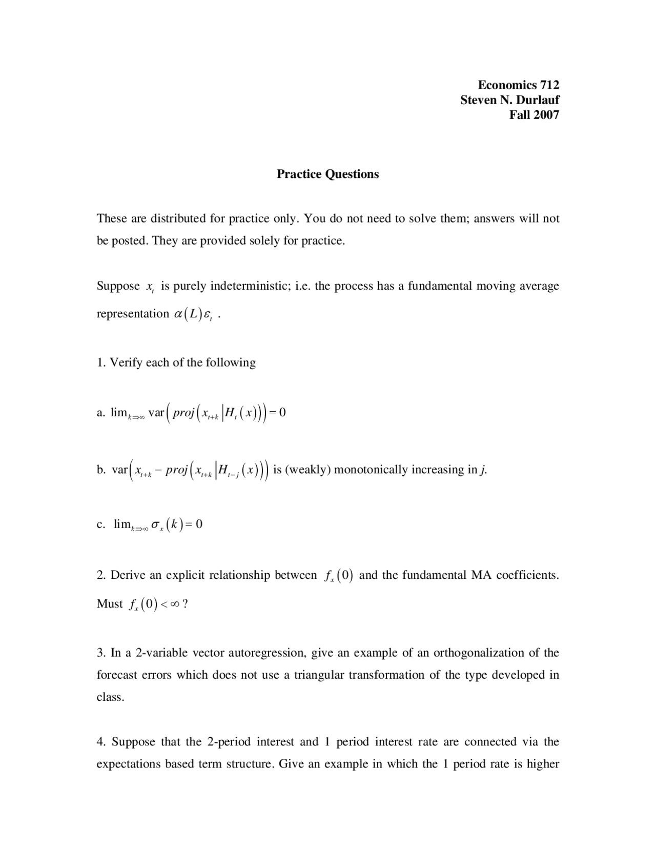 Practice Questions Economic Theory Macroeconomics Sequence Econ 712
