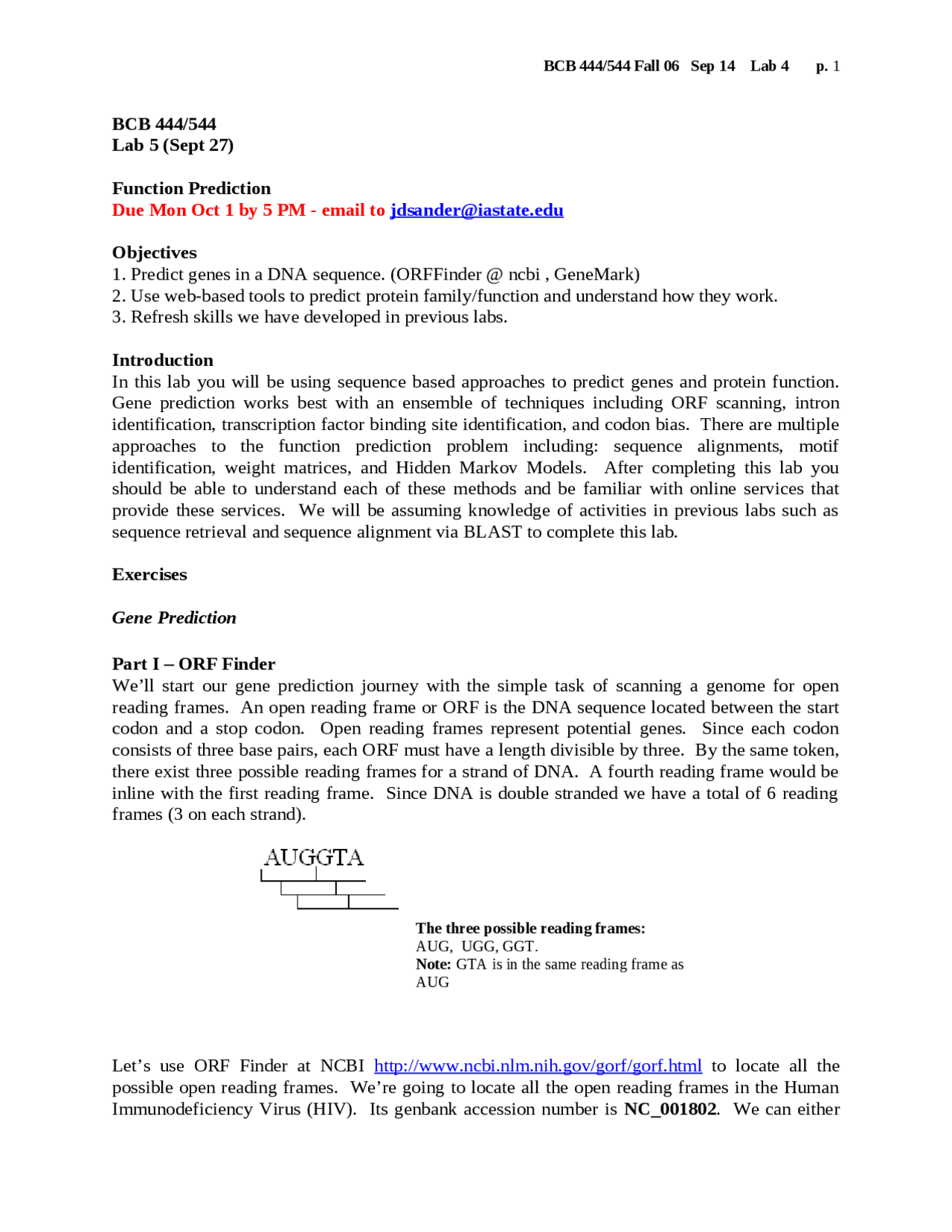 Laboratory 5 Introduction To Bioinformatics Bcb 544 Docsity