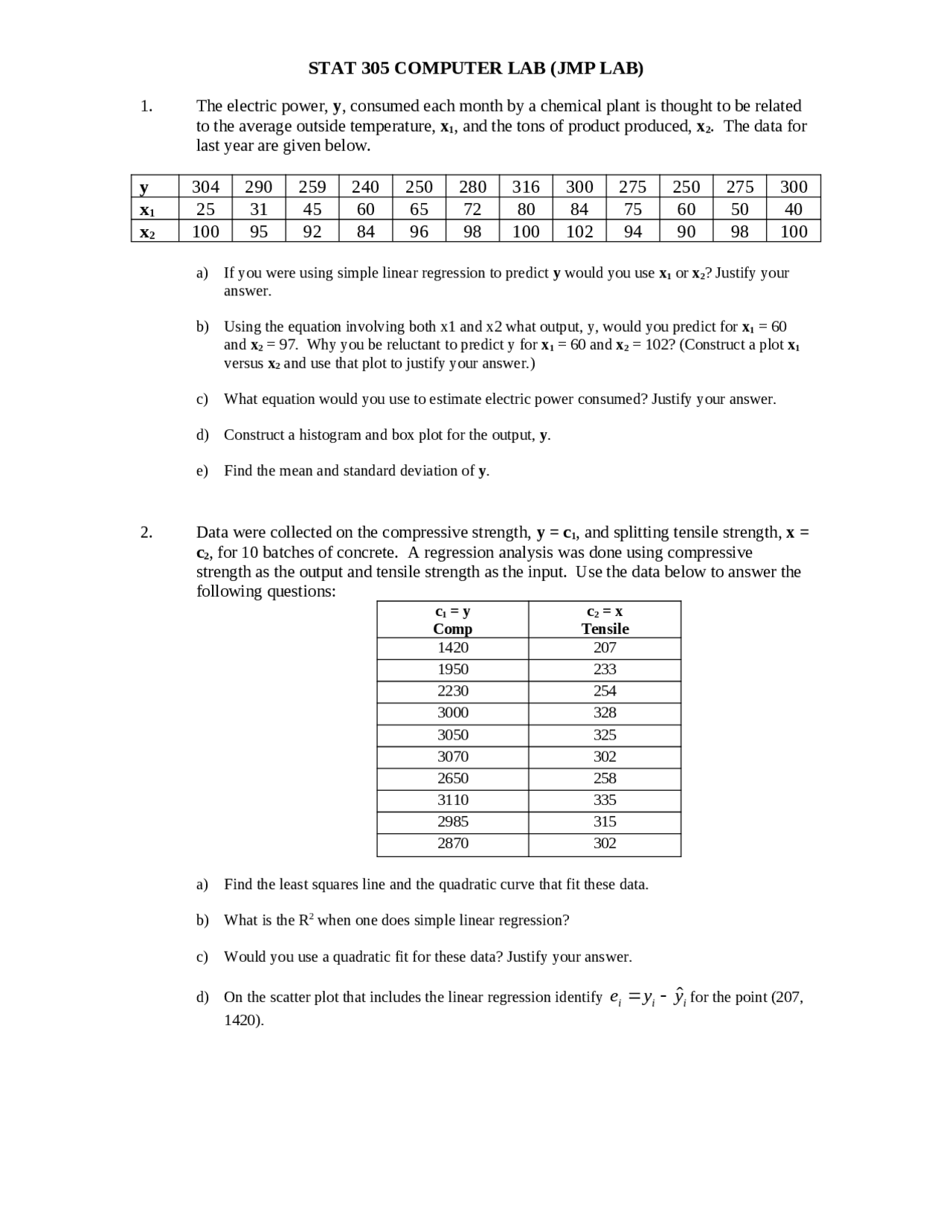 Practice Problems Engineering Statistics Lab 1 Stat 305 Docsity