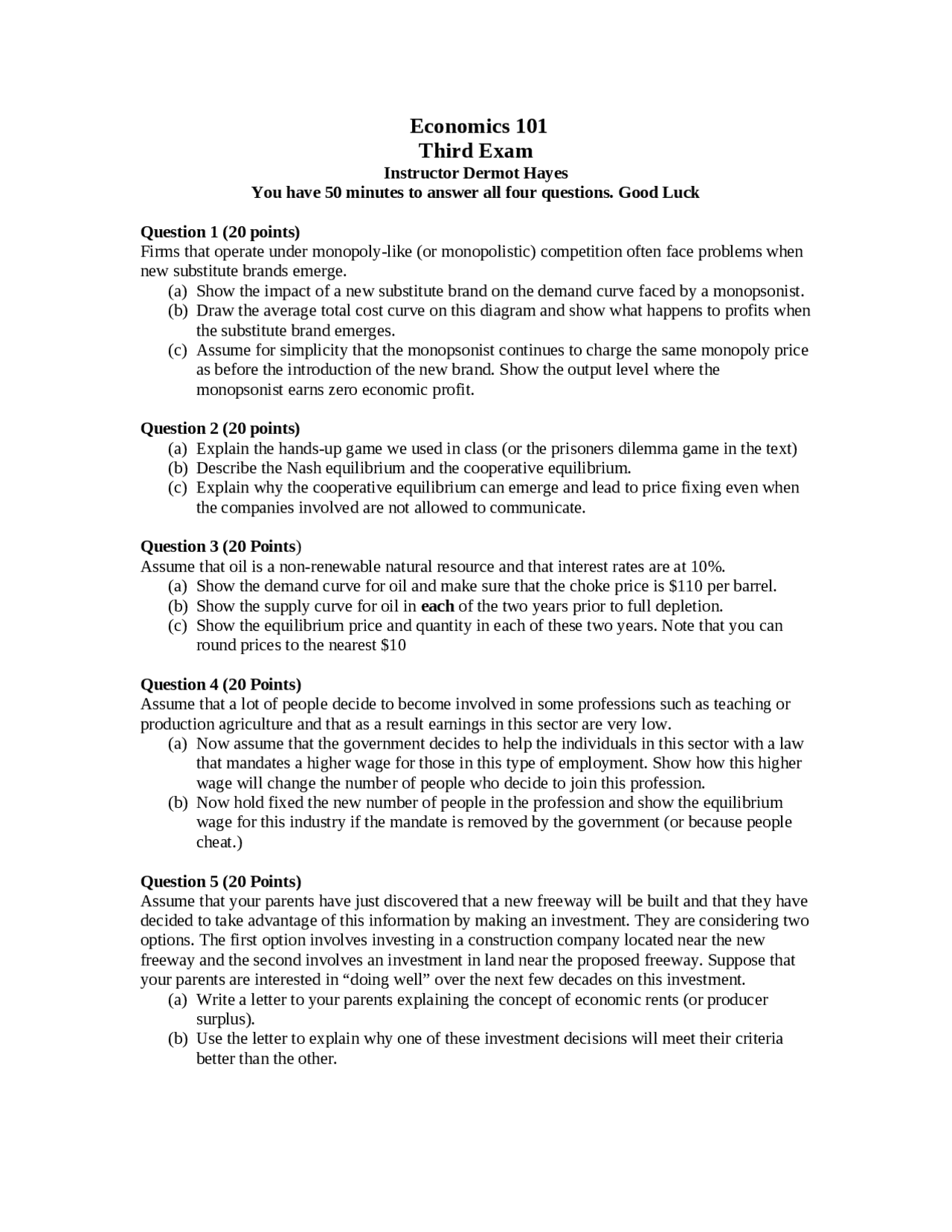 Practice Exam 3 Principles Of Microeconomics Econ 101 Docsity