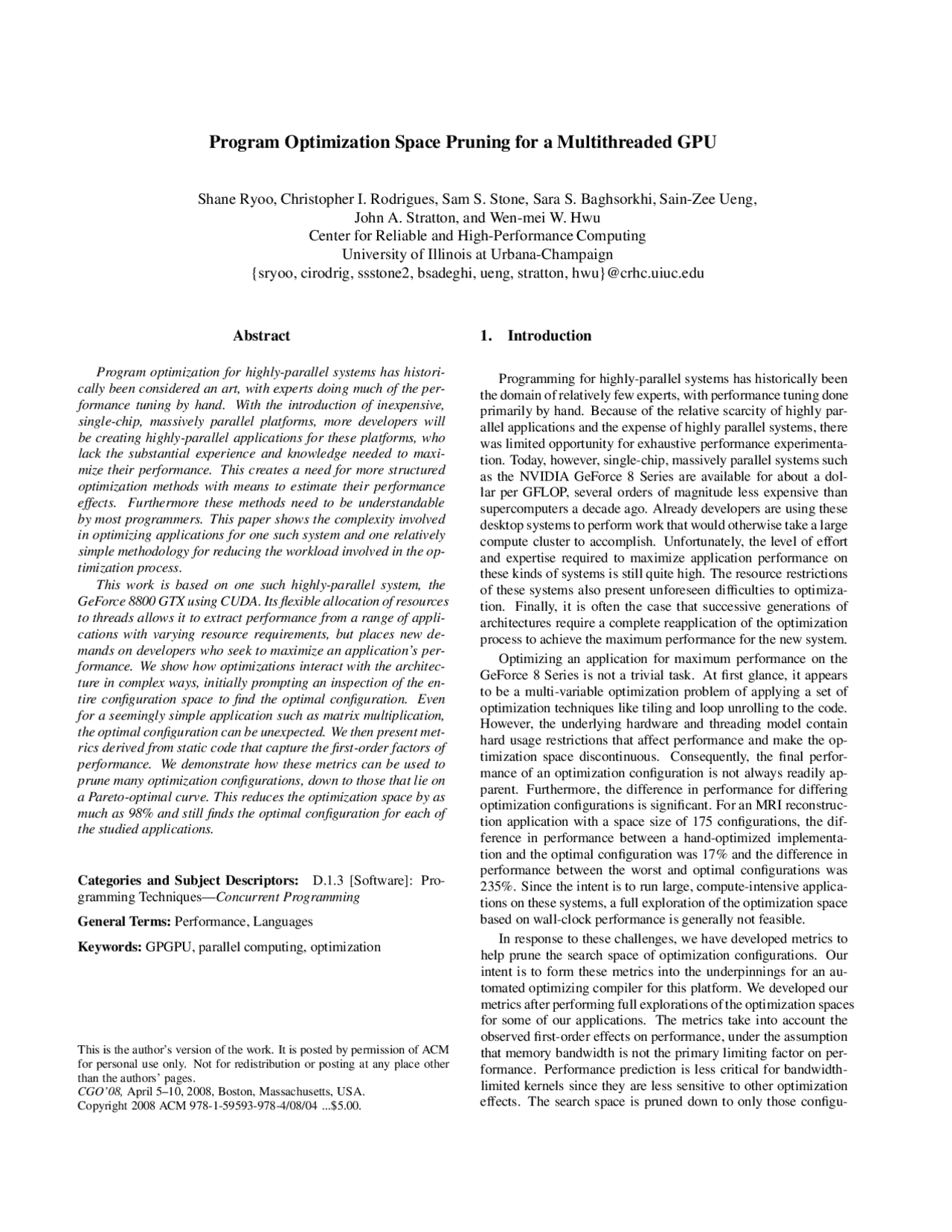 Program Optimization Space Pruning For A Multithreaded Gpu Cisc 879
