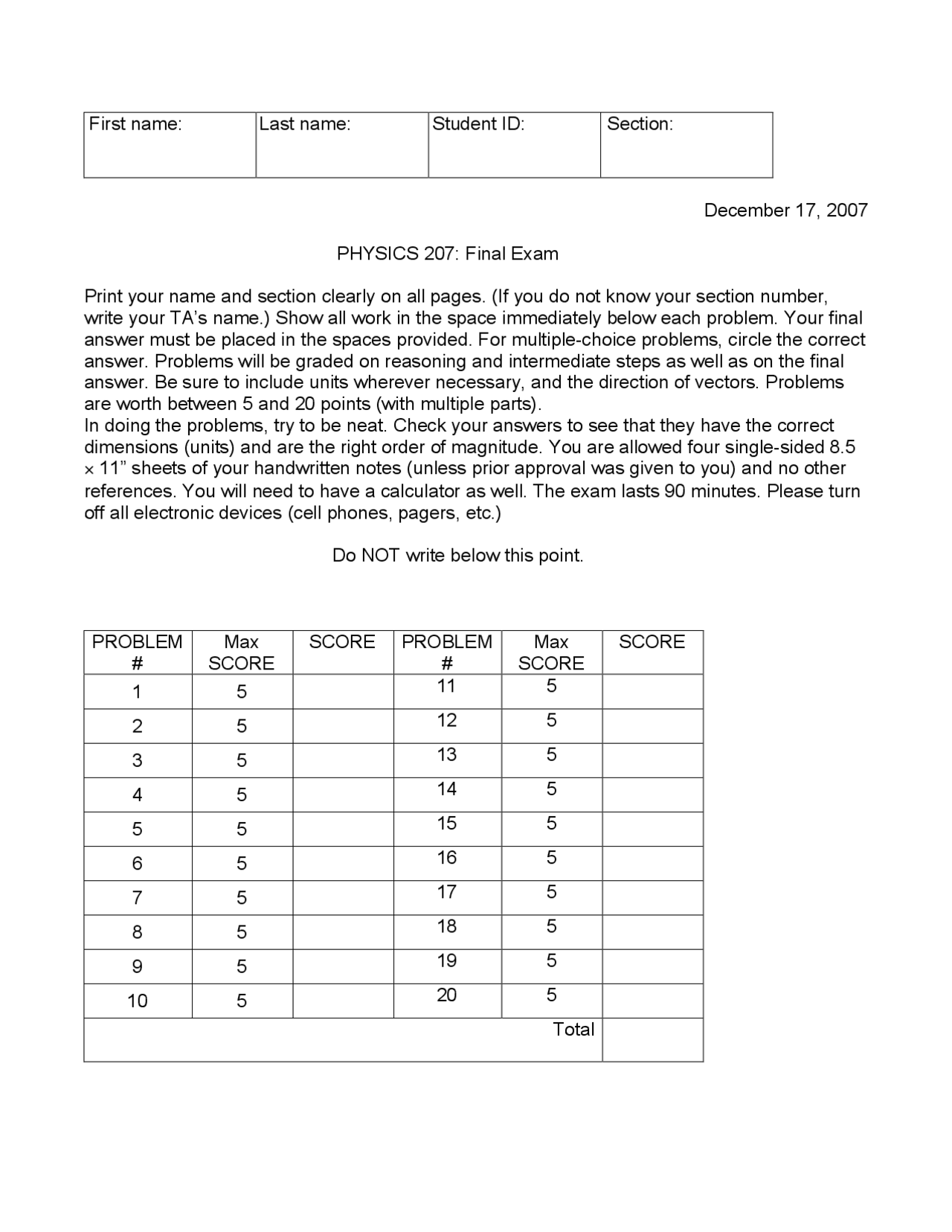 Final Exam Questions General Physics Physics 207 Docsity