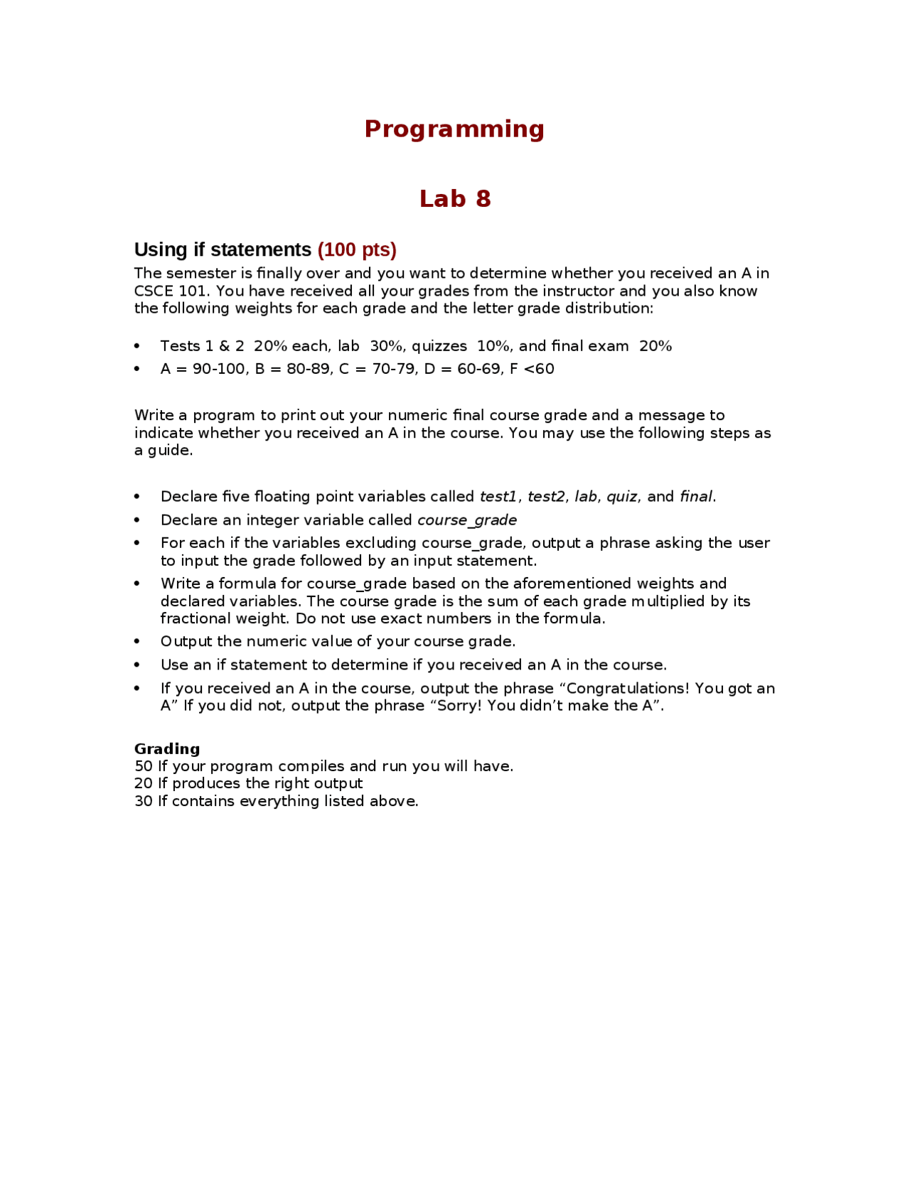 Programming Lab 8 Introduction Computer Concept Csce 101 Docsity 0208