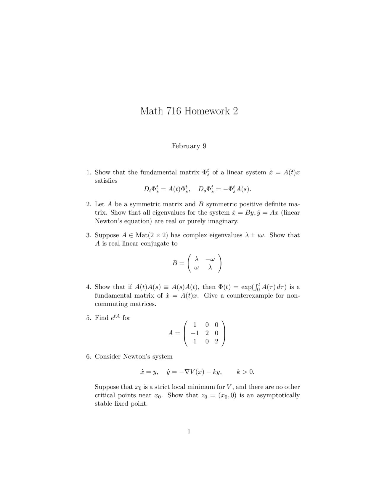 Ordinary Differential Equations Homework 2 Questions Math 716 Docsity