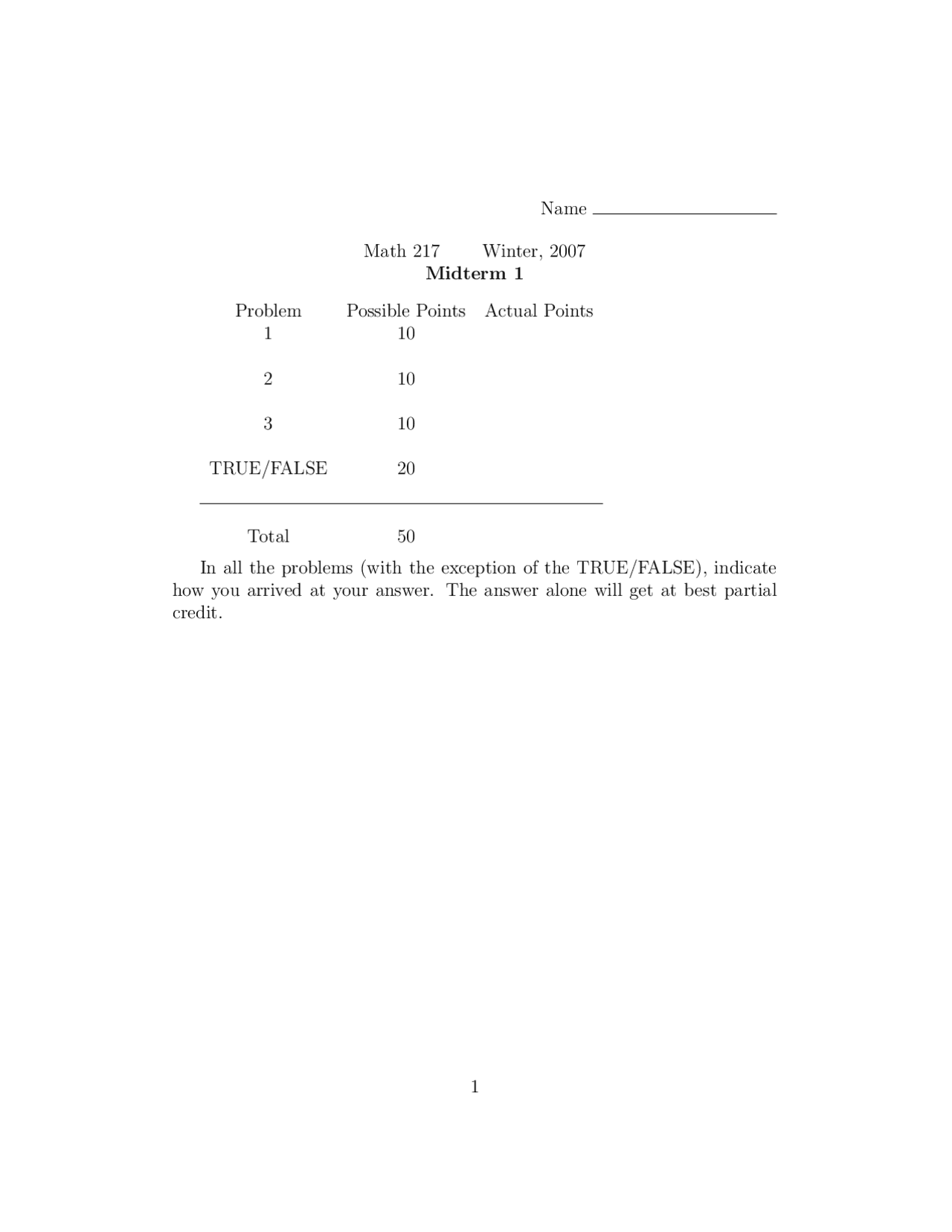 Midterm 1 Problems Linear Algebra Math 217 Docsity