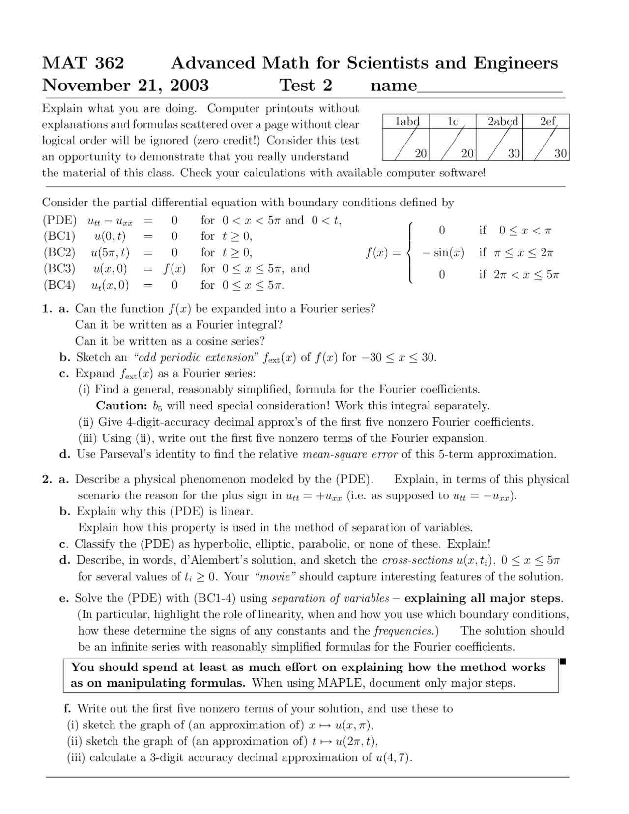 Exam 2 Questions On Advanced Math Engineers Scientists Mat 362