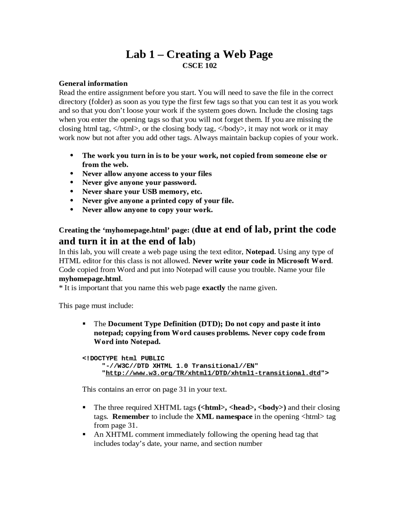 Laboratory 1: Creating a Web Page | CSCE 102 - Docsity