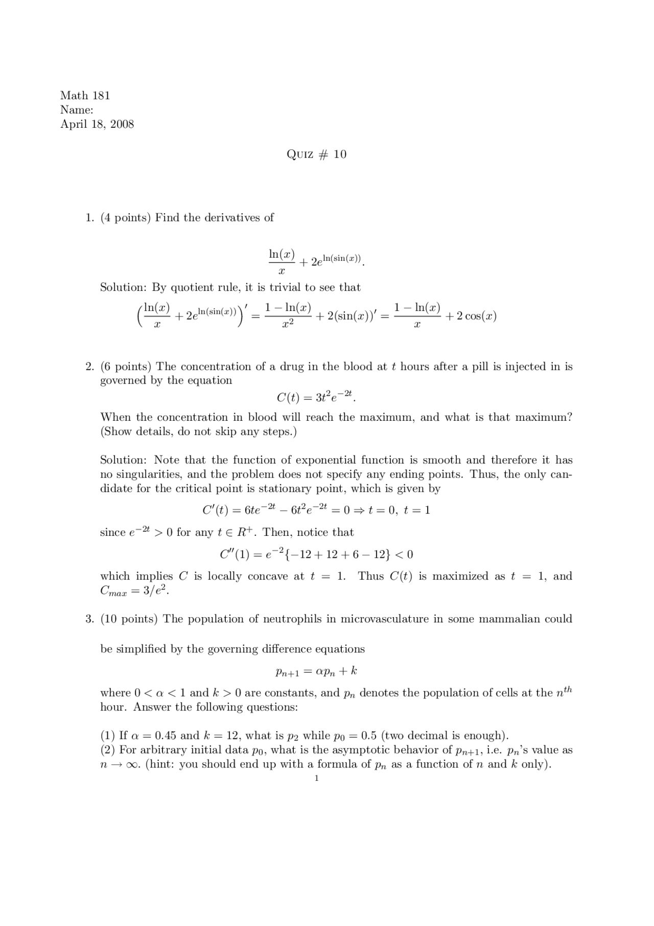 Quiz 10 With Solutions Calculus And Modeling For Life Sciences I