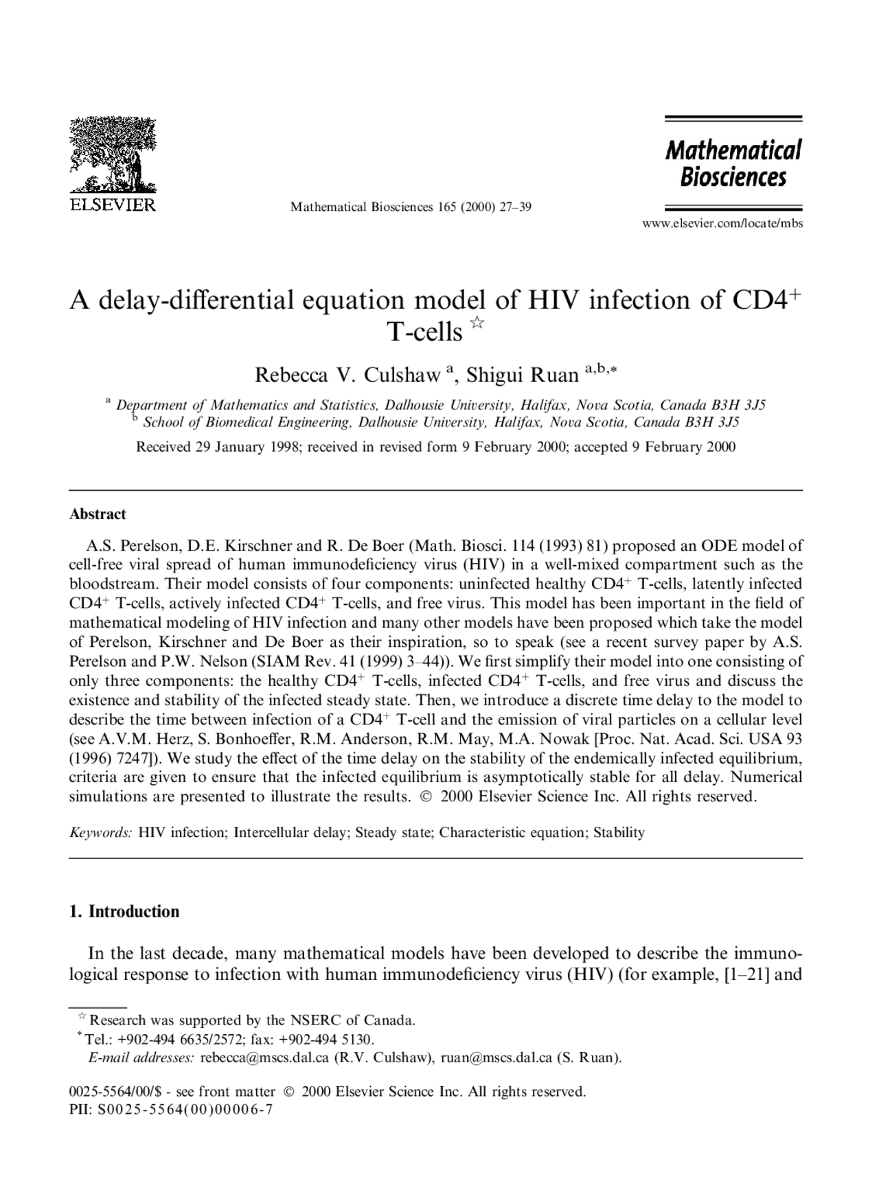 A Delay-Differential Equation Model of HIV Infection of CD4+ T-Cells ...