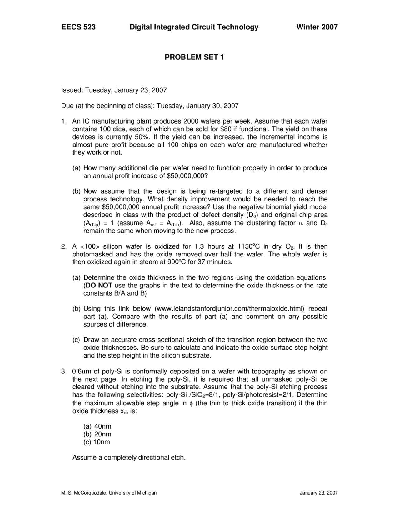 Problem Set 1 Digital Integrated Technology Eecs 523 Docsity