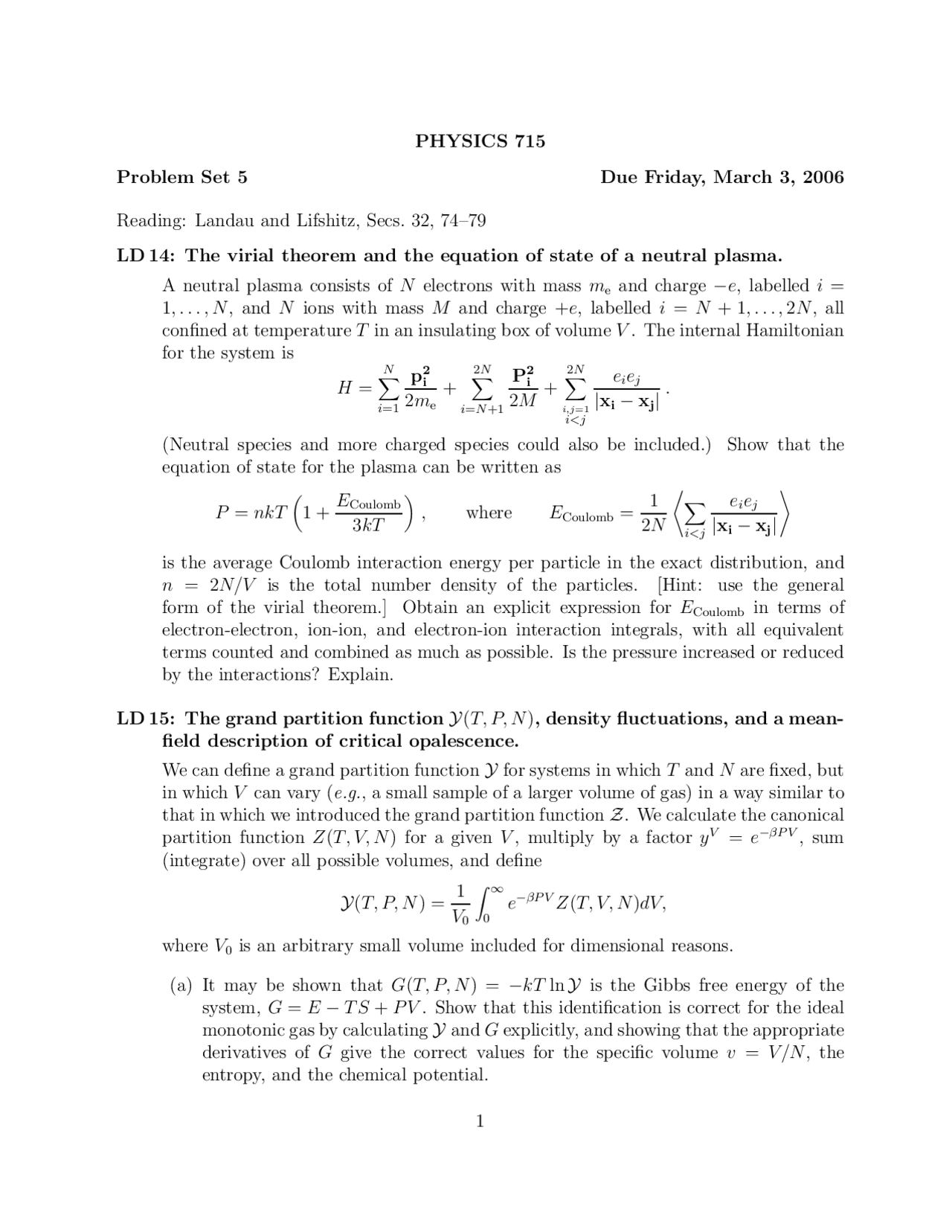 Assignment 5 Problems for Statistical Mechanics | PHYSICS 715 - Docsity