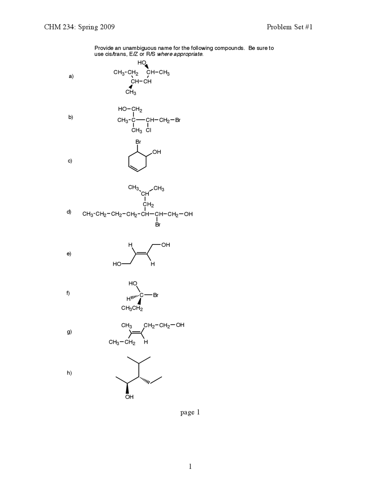 Problem Set 1 Practice Problems On General Organic Chemistry Ii Chm