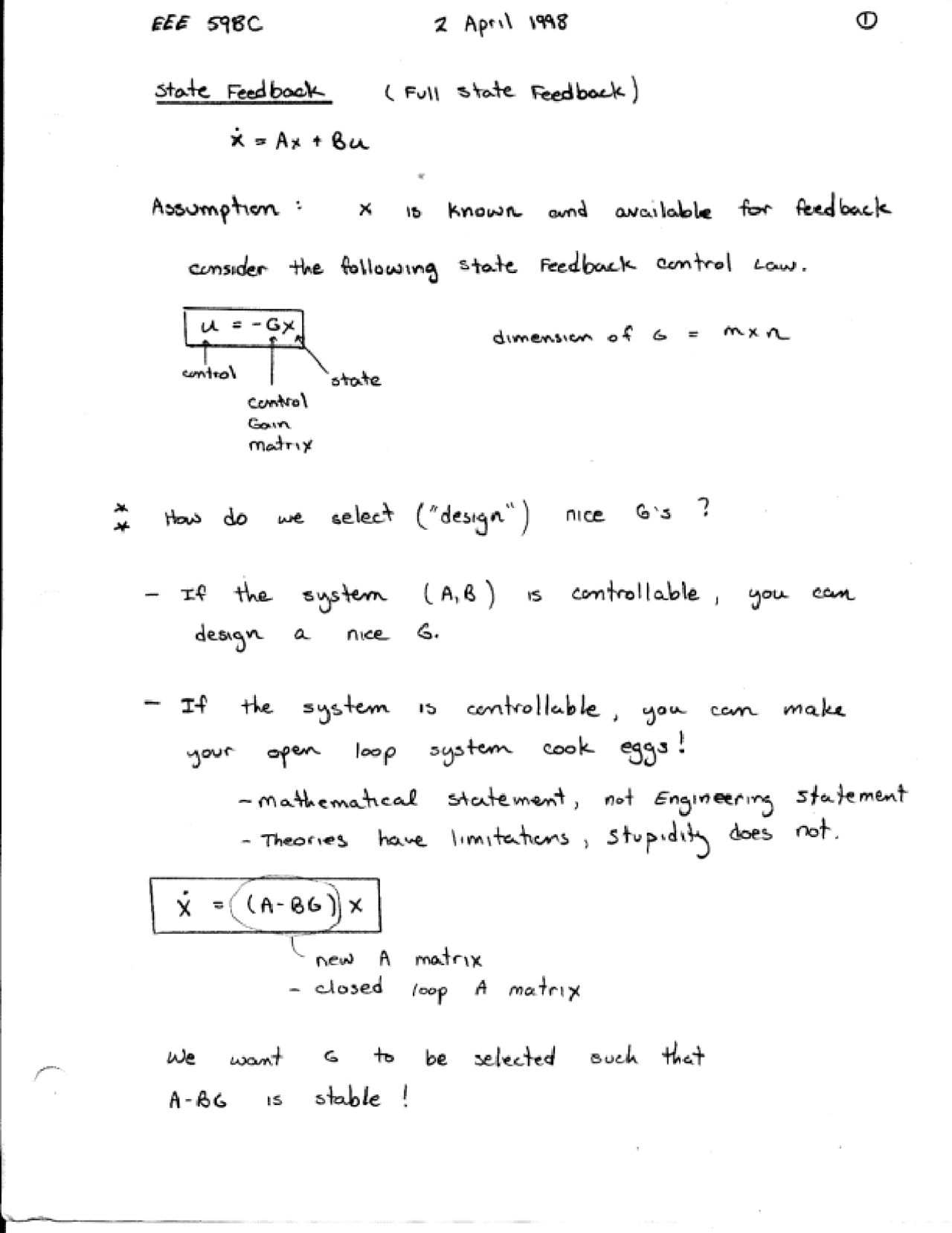 Handwritten Notes On State Feedback Eee 598 Docsity