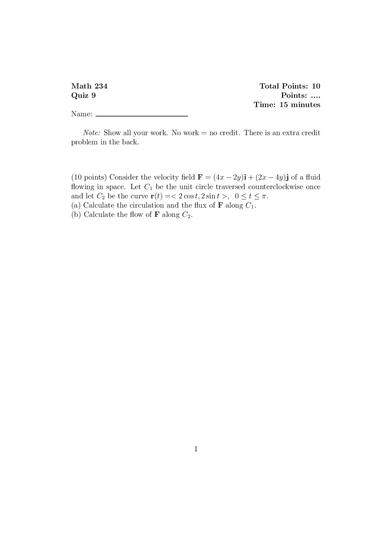 Quiz 9 For Calculus Functions Of Several Variables Math 234 Docsity