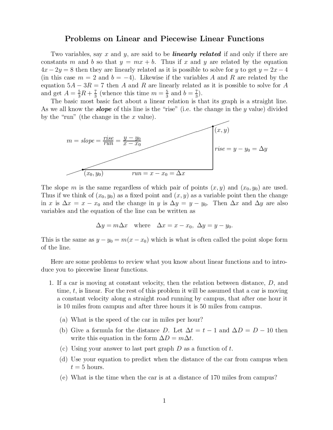 Problems on Linear and Piecewise Linear Functions | MATH 141 - Docsity