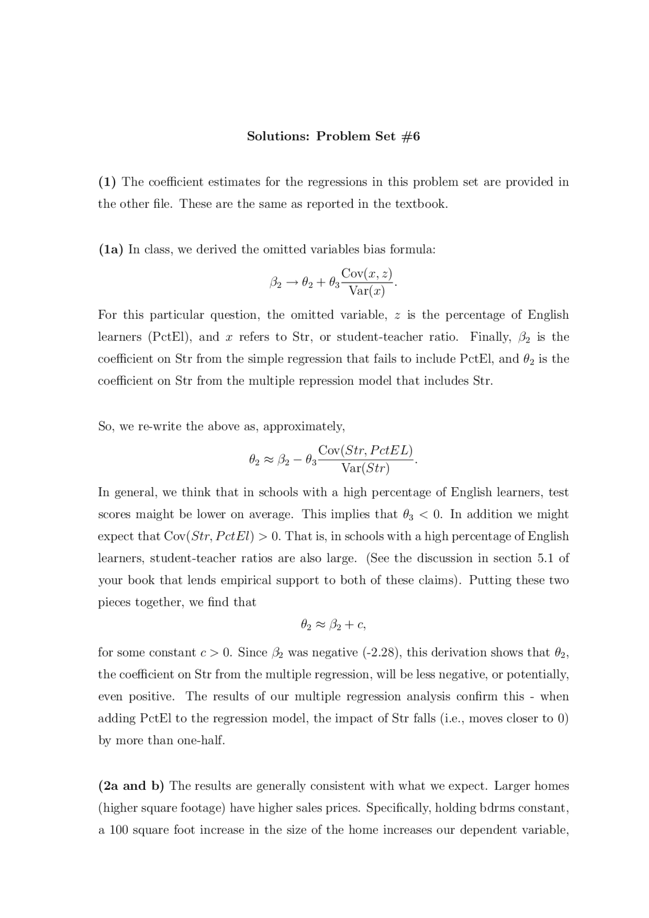 Introduction To Econometrics Solutions For Problem Set 6 Econ 371 Docsity