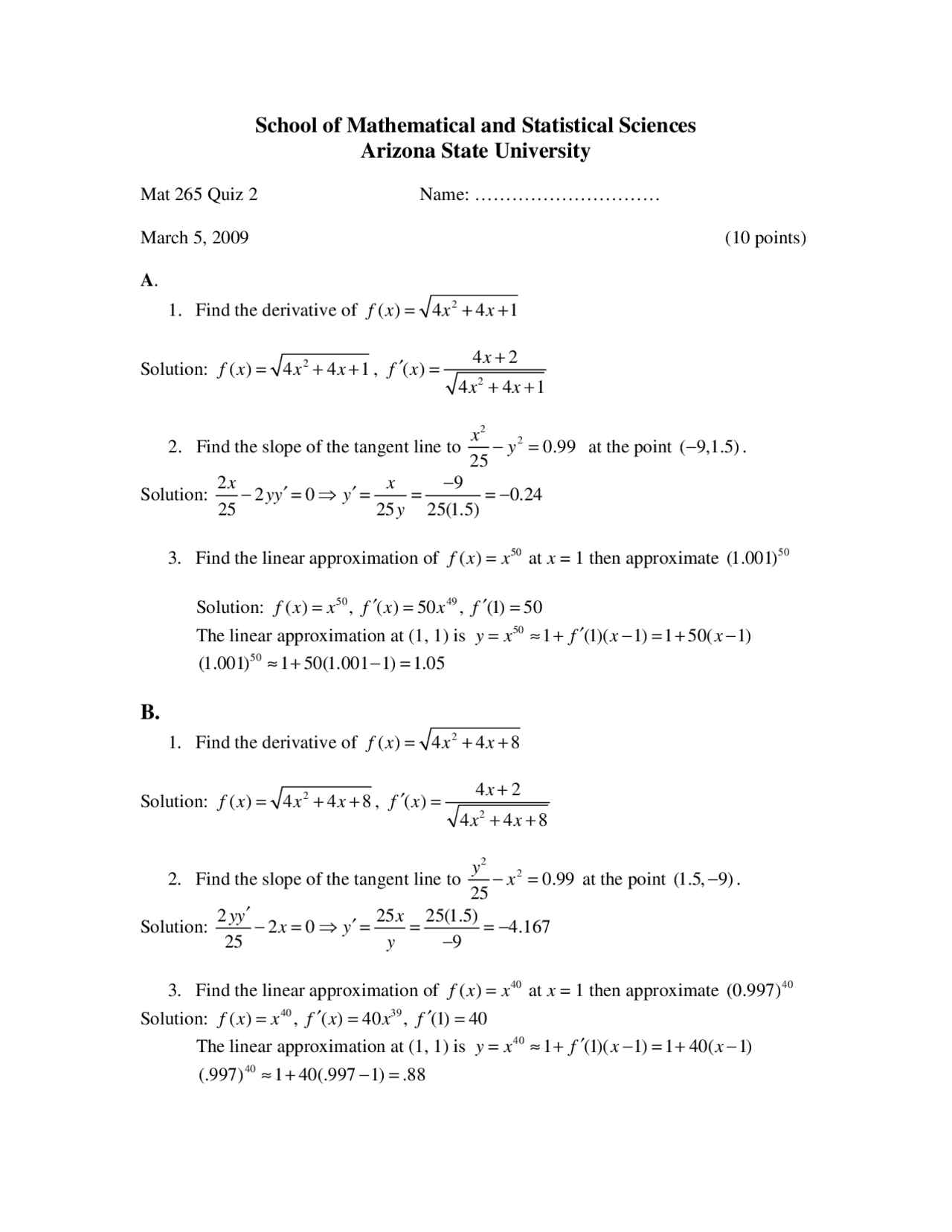 9 Problems On Calculus For Engineers I Quiz 2 Mat 265 Docsity